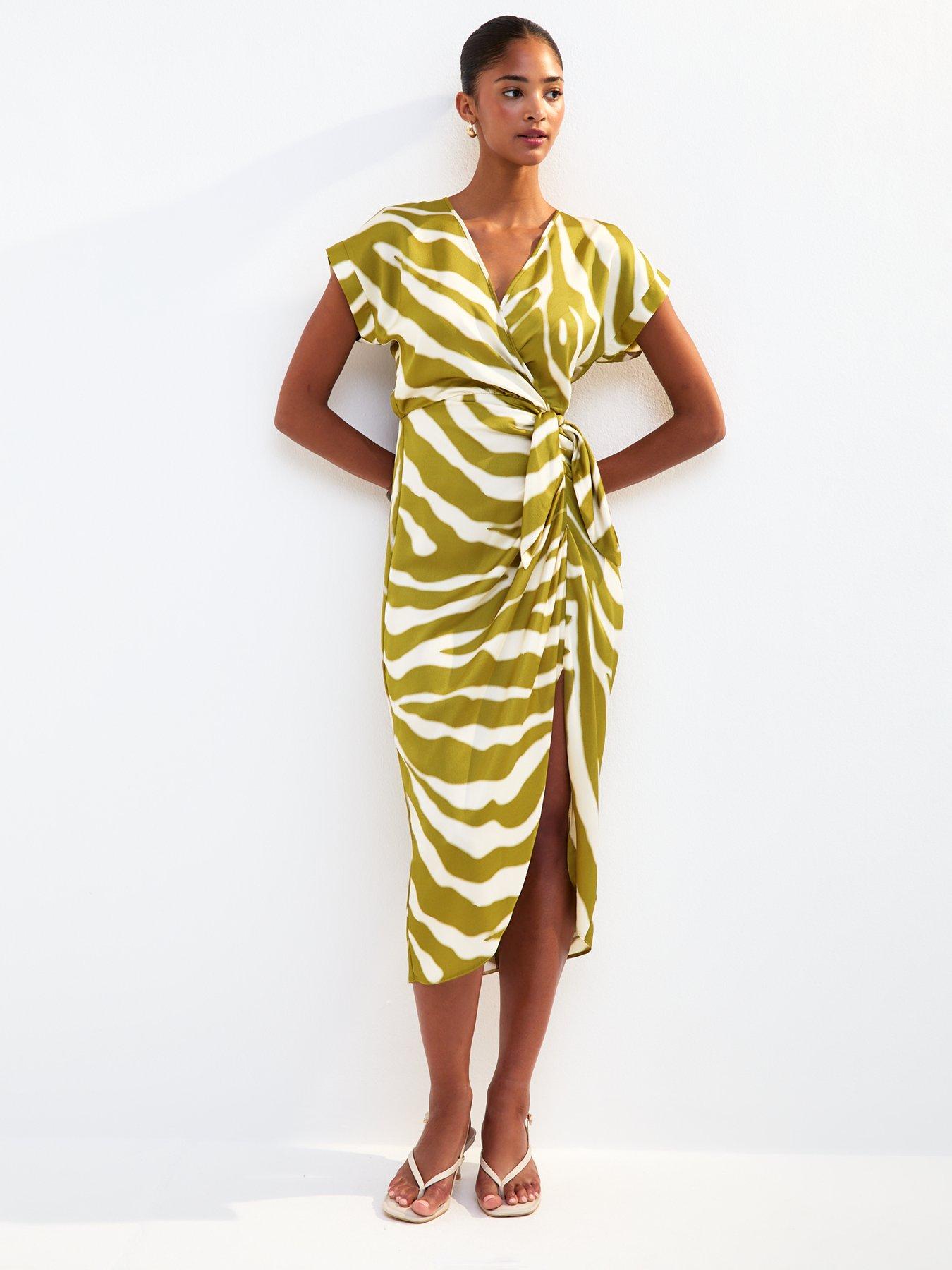 New Look Zebra Print Wrap Front Midi Dress - Green | Littlewoods