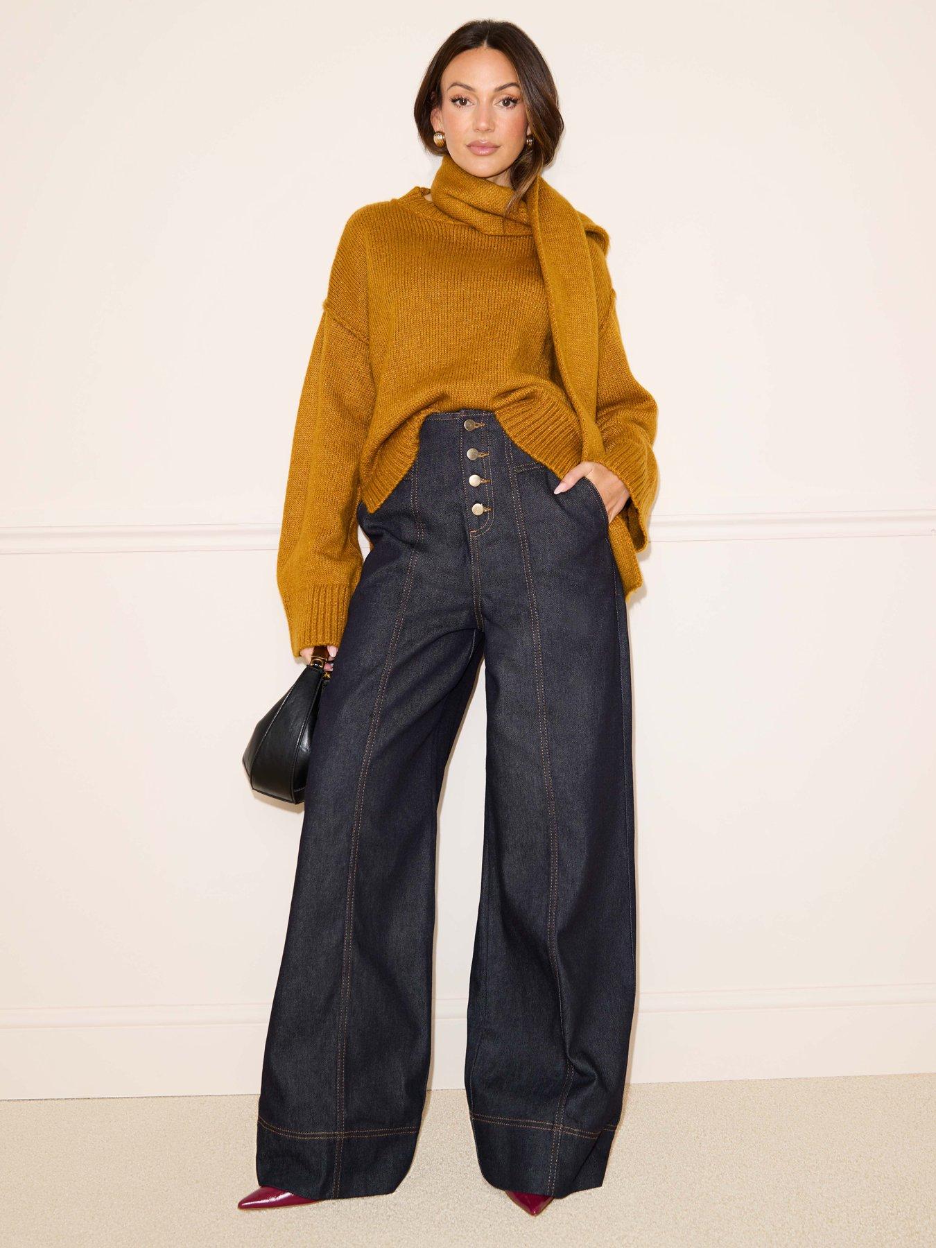 Michelle Keegan Corset Seam Button Detail Wide Leg Jeans - Dark Wash ...