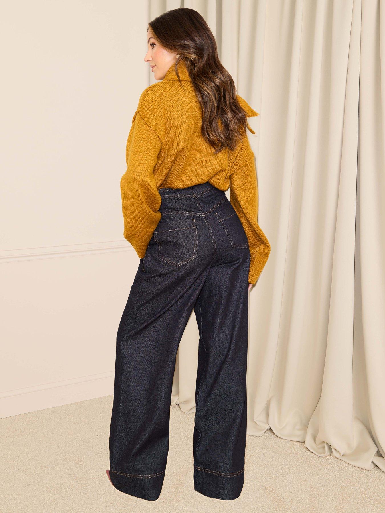 Michelle Keegan Corset Seam Button Detail Wide Leg Jeans - Dark Wash ...