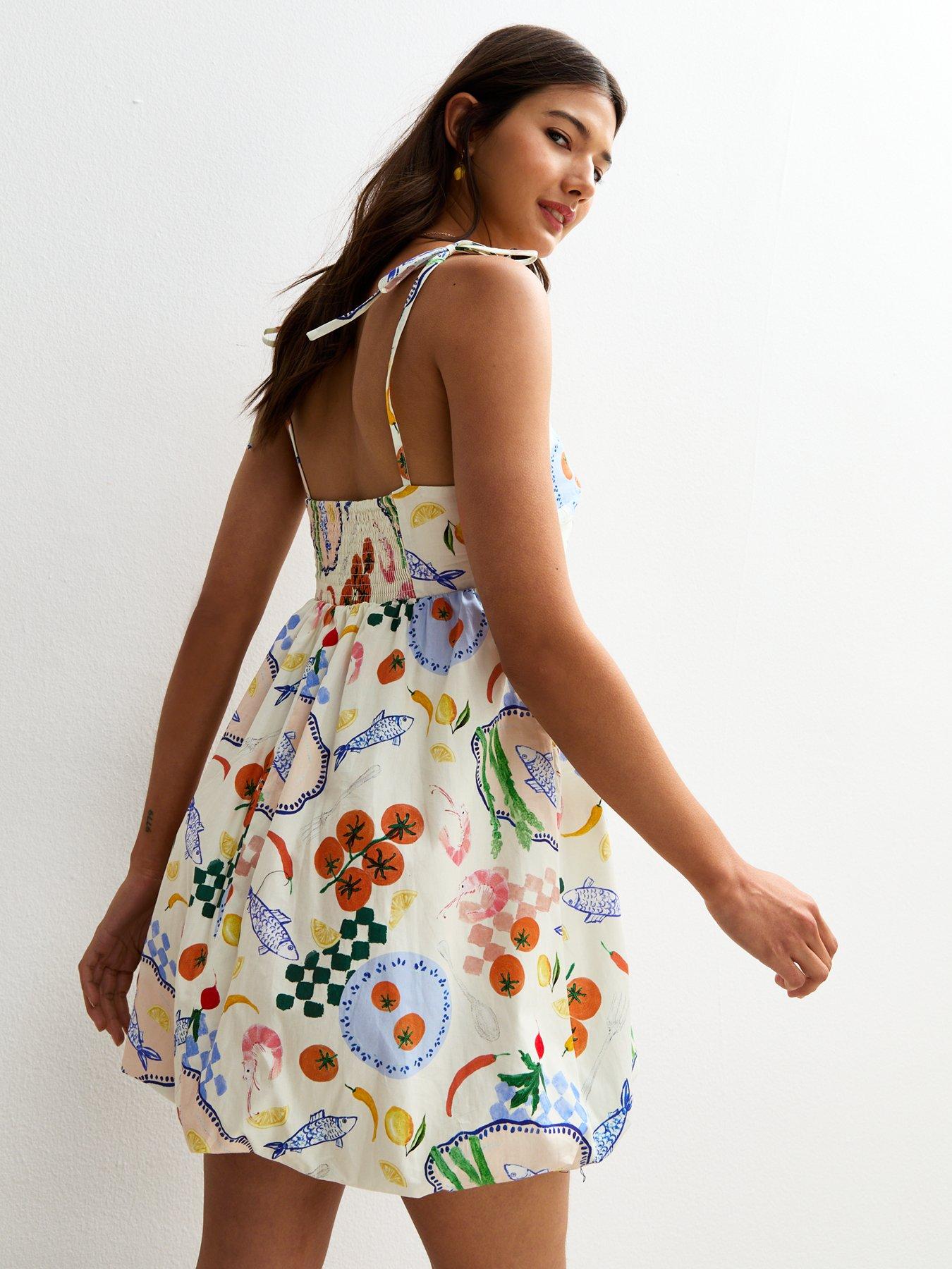 New Look Fish Print Puffball Hem Mini Cami Dress - White | Littlewoods