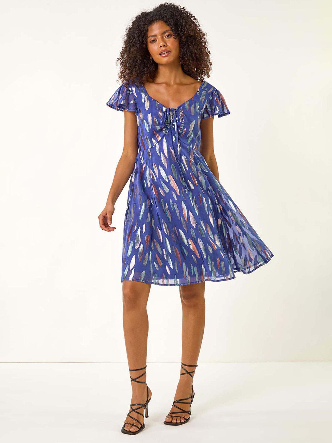 Roman Dusk Foil Jacquard Midi Dress - Blue | Littlewoods