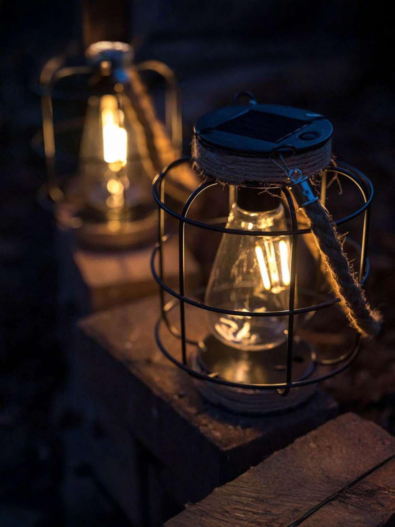 ValueLights Solar Powered Pair of Caged Jars with Filament Bulbs ...