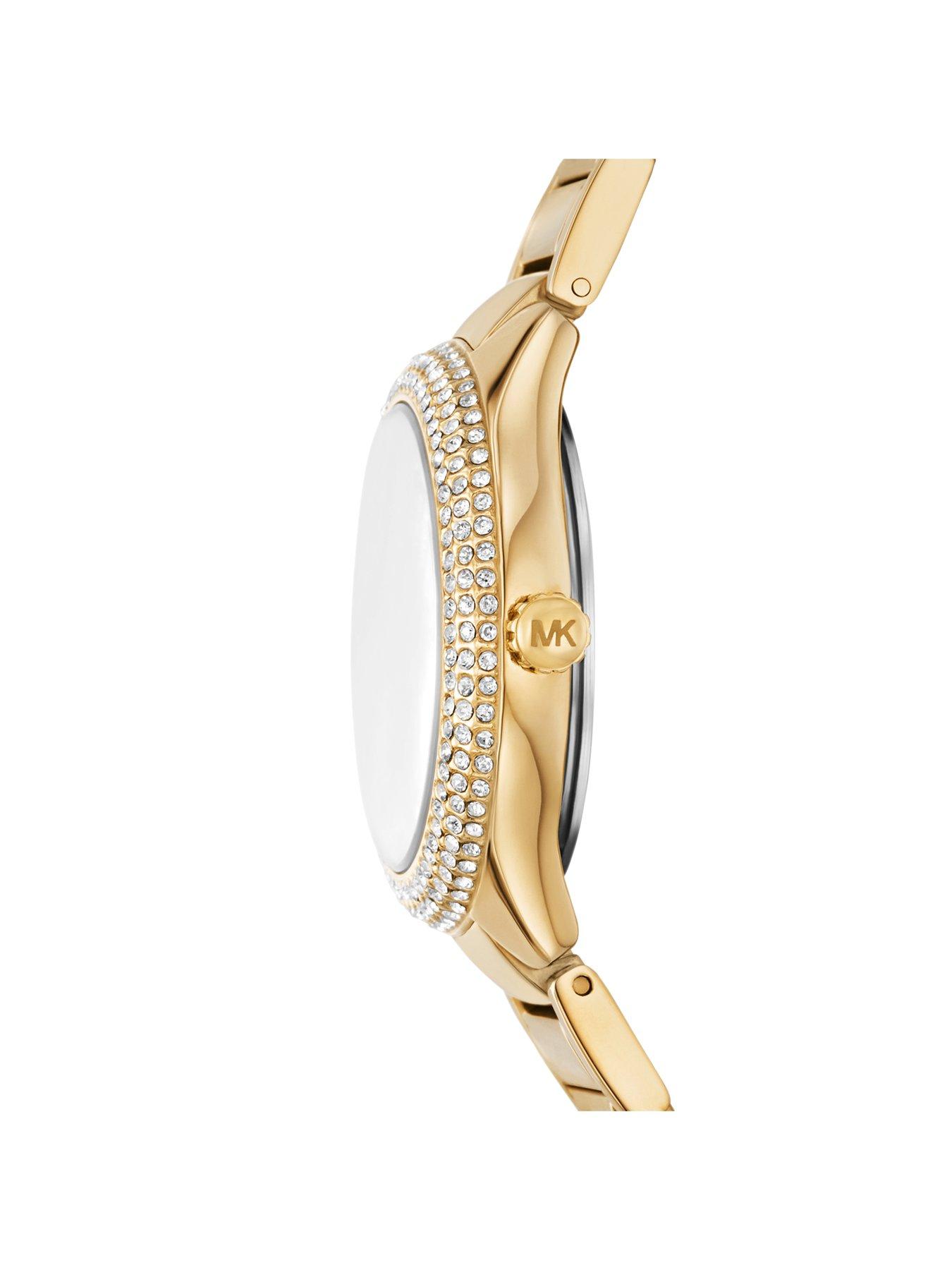 Michael Kors Women's Sylvia Three-Hand Gold-Tone Stainless Steel Watch ...