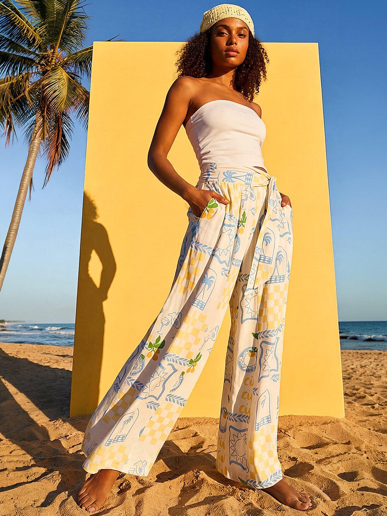 Roman Dusk Citrus Wide Leg Trouser - White | Littlewoods