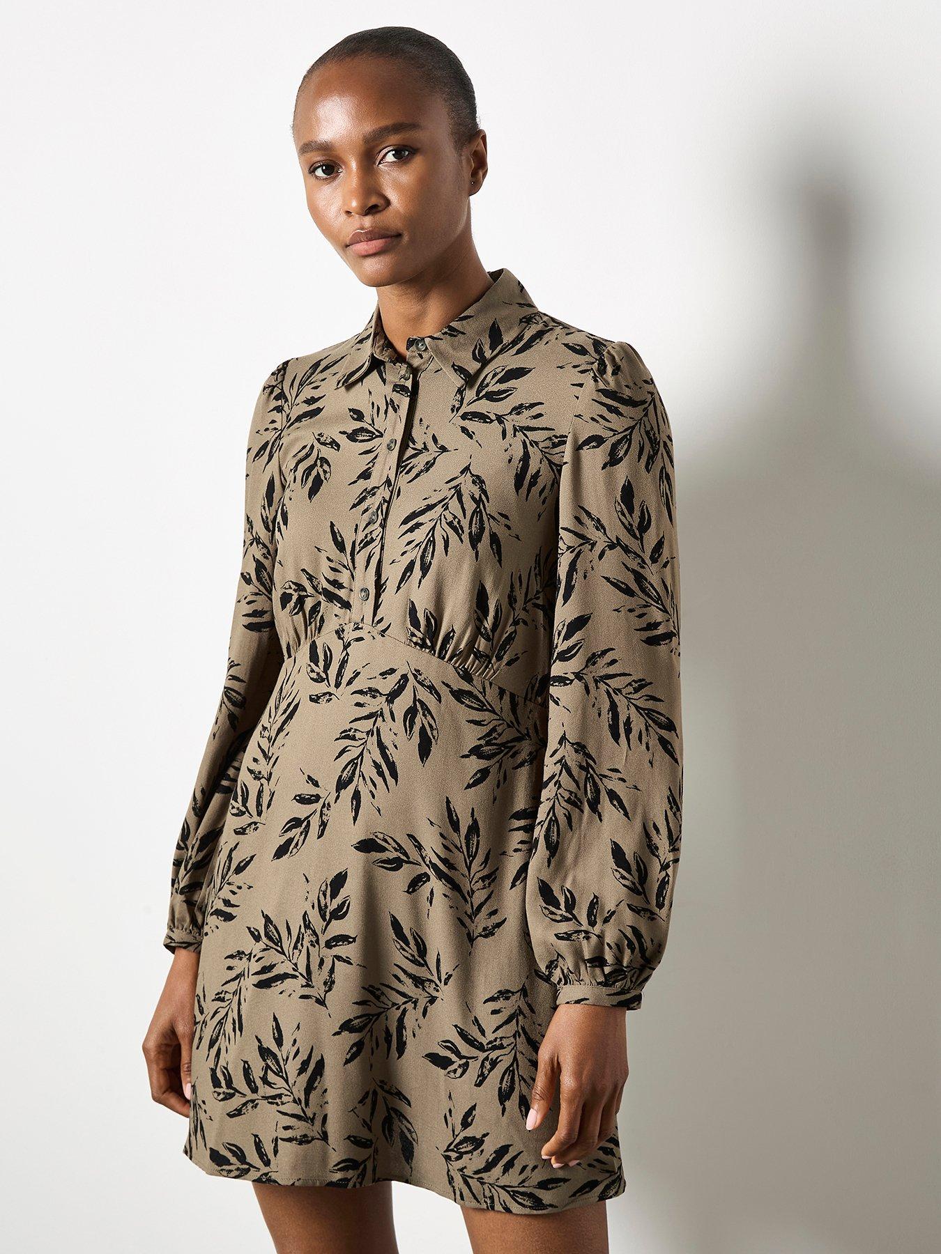 Apricot Pressed Leaf V-Shape Dress - Khaki | Littlewoods