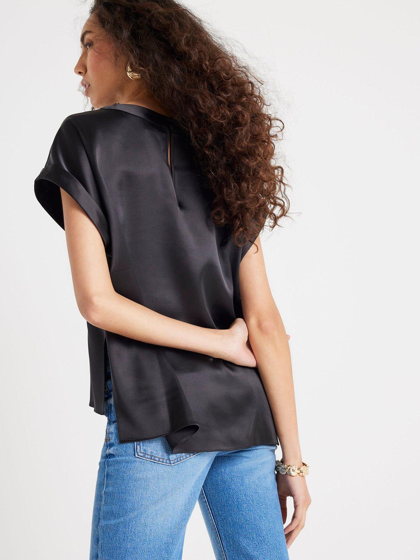 River Island Short Sleeve Satin Turn Back Cuff T-Shirt - Black ...