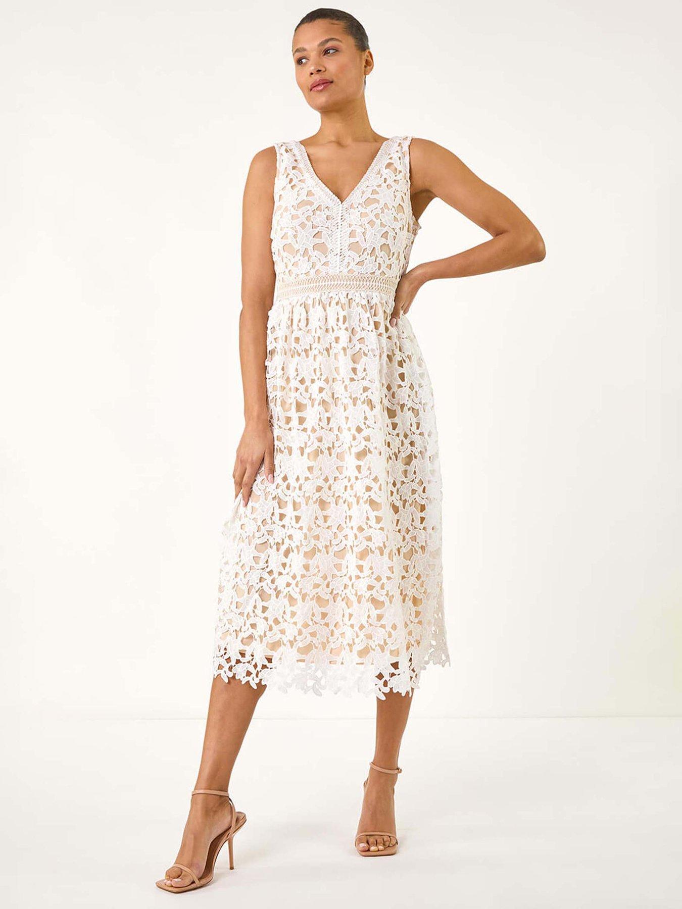 Roman Lace Overlay V-neck Midi Dress - Ivory | Littlewoods