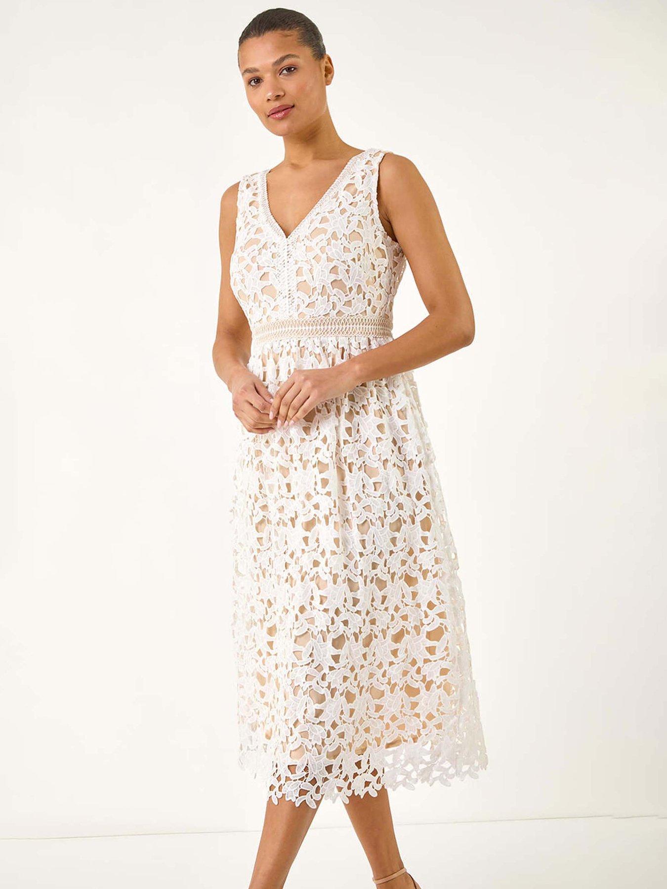 Roman Lace Overlay V-neck Midi Dress - Ivory | Littlewoods