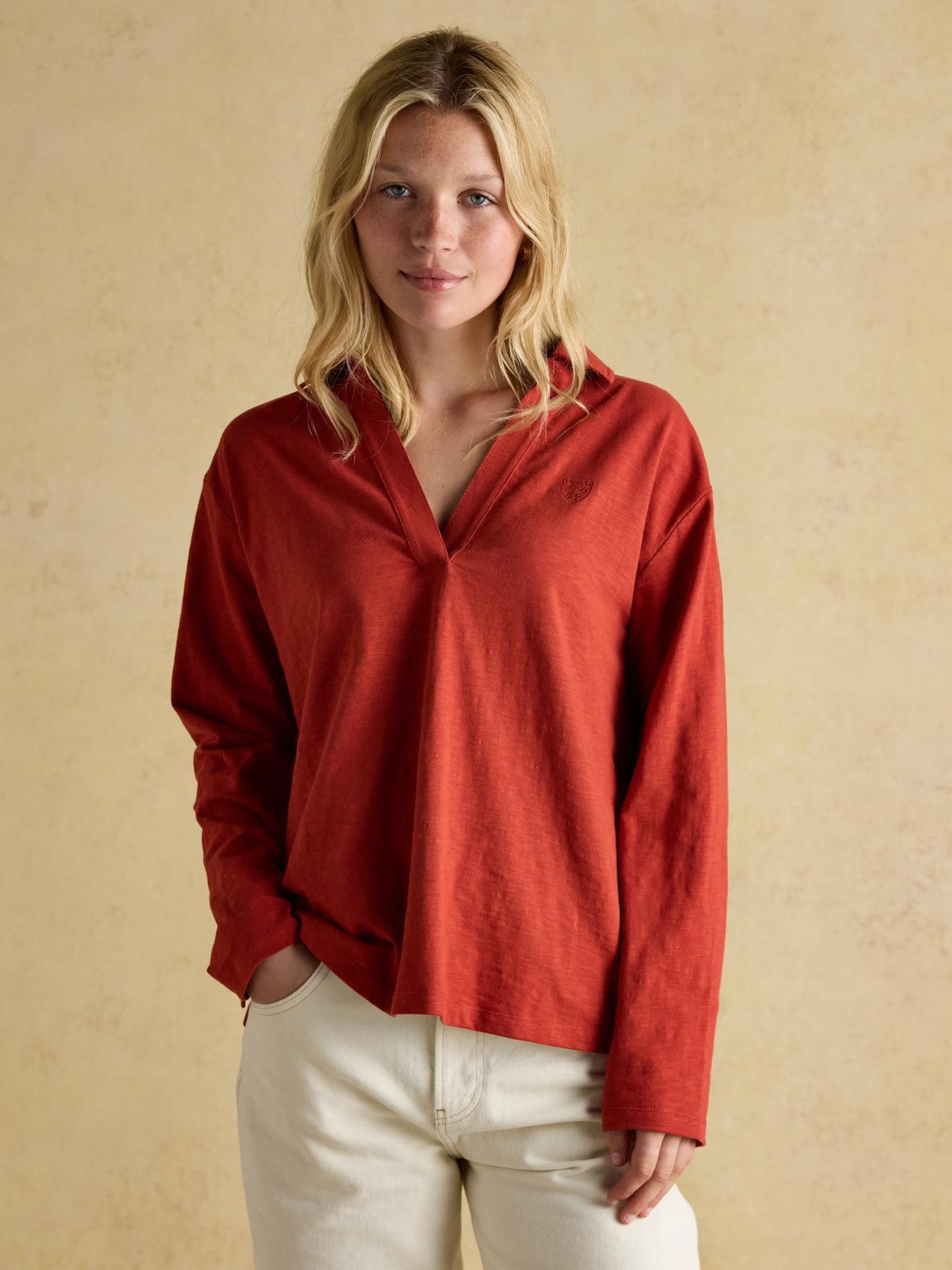 Joules Combed Cotton Collared Top - Red | Littlewoods