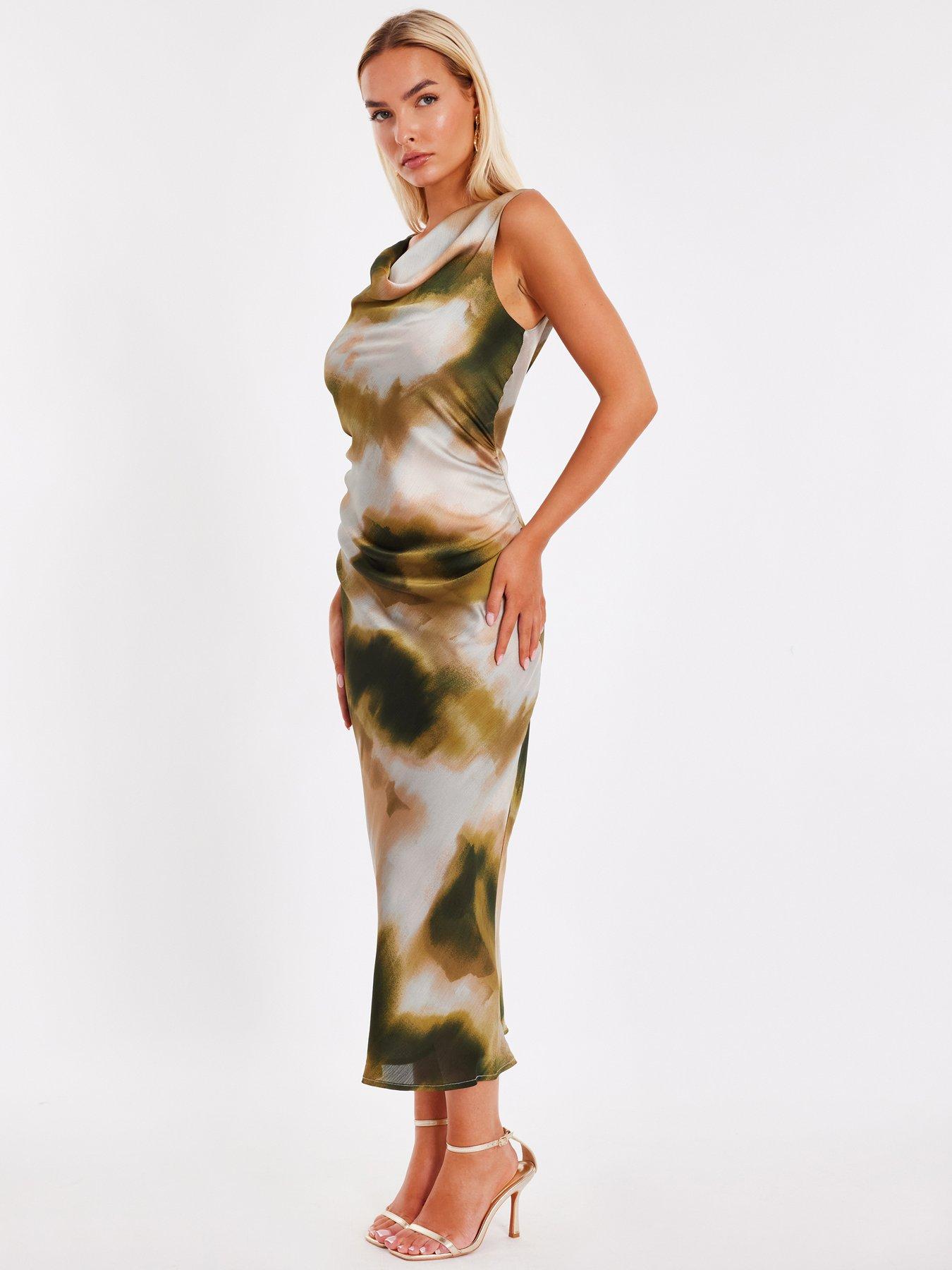 Quiz Khaki Satin Tie Dye Midaxi Dress | Littlewoods