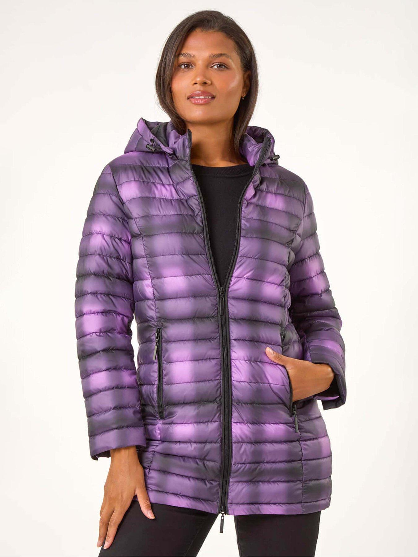 Roman Check Print Quilted Puffer Coat - Purple | Littlewoods