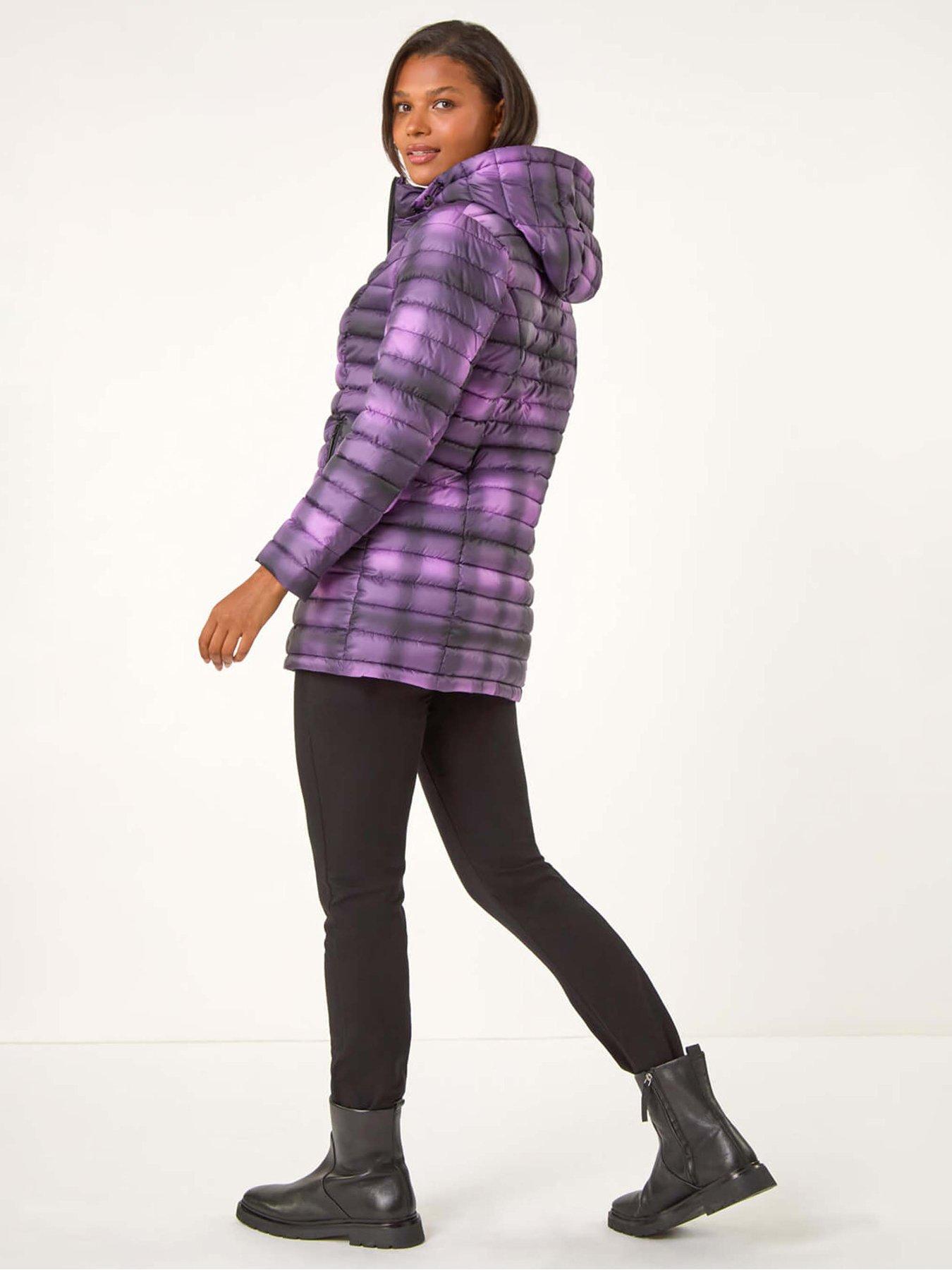 Roman Check Print Quilted Puffer Coat - Purple | Littlewoods
