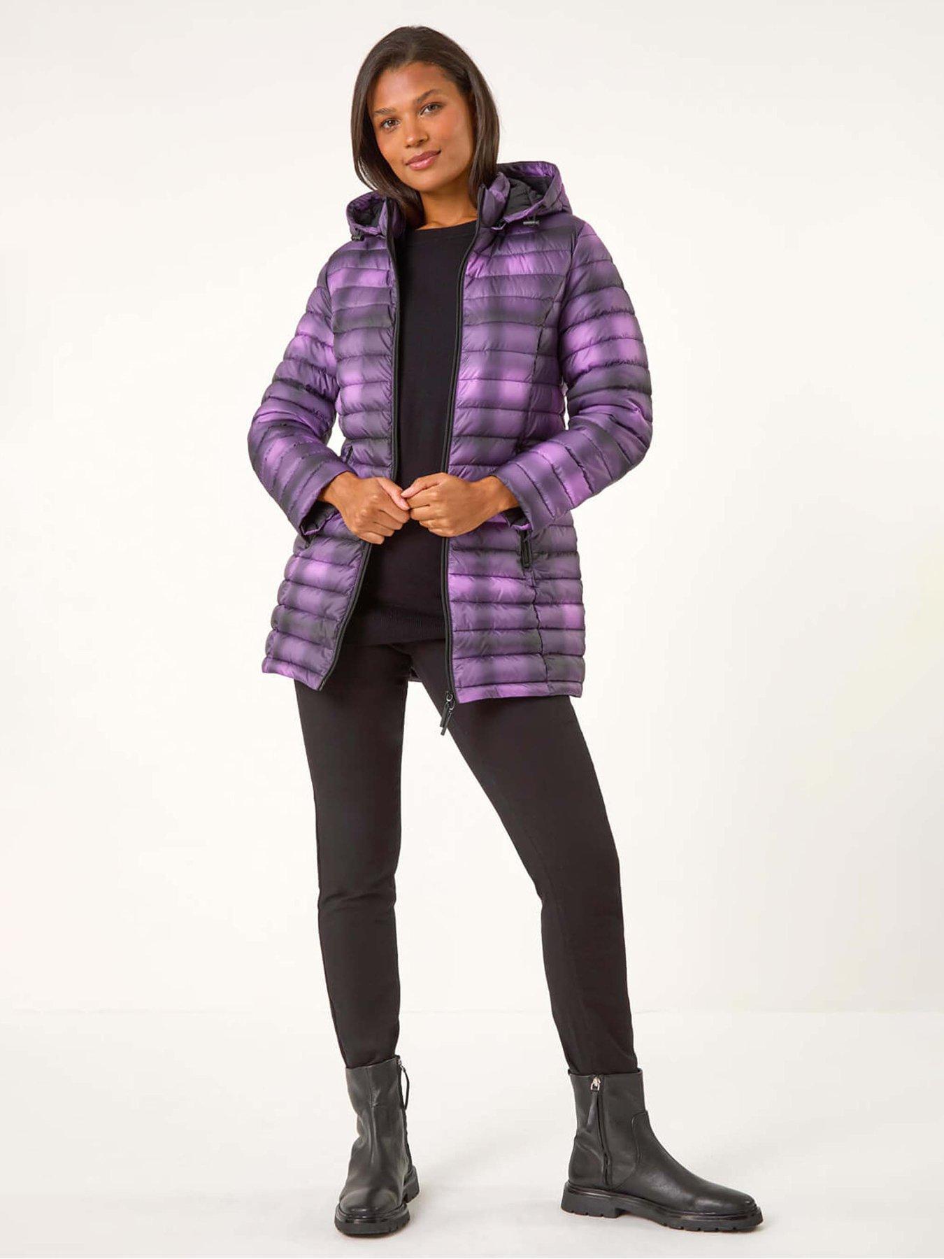 Roman Check Print Quilted Puffer Coat - Purple | Littlewoods