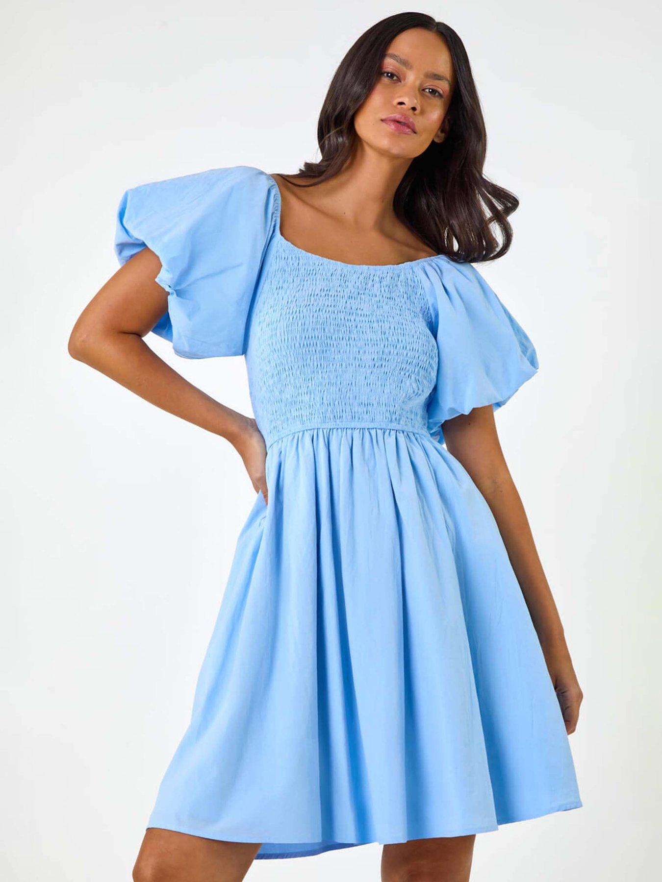 Roman Dusk Puff Sleeve Shirred Dress - Light Blue | Littlewoods