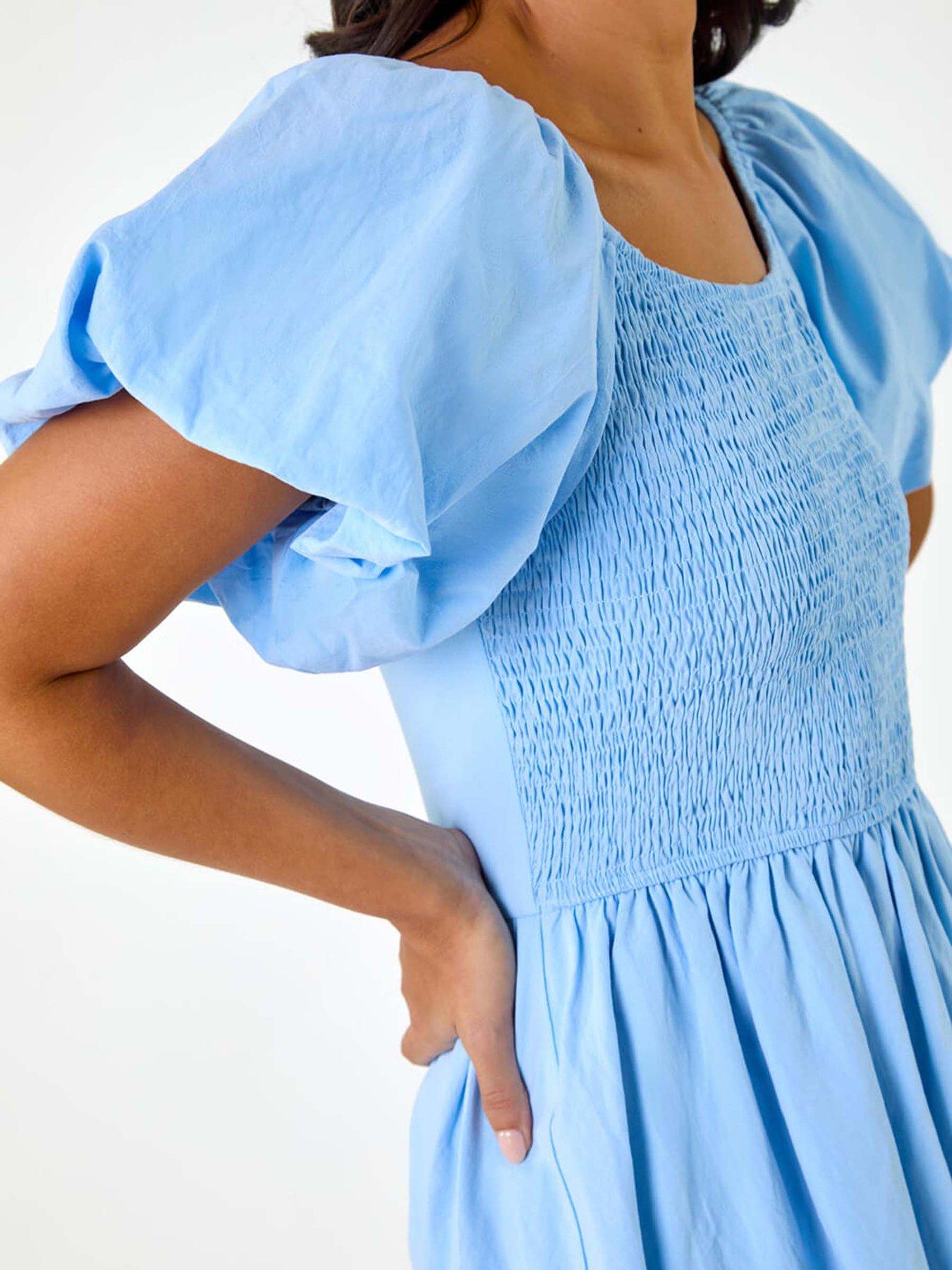 Roman Dusk Puff Sleeve Shirred Dress - Light Blue | Littlewoods