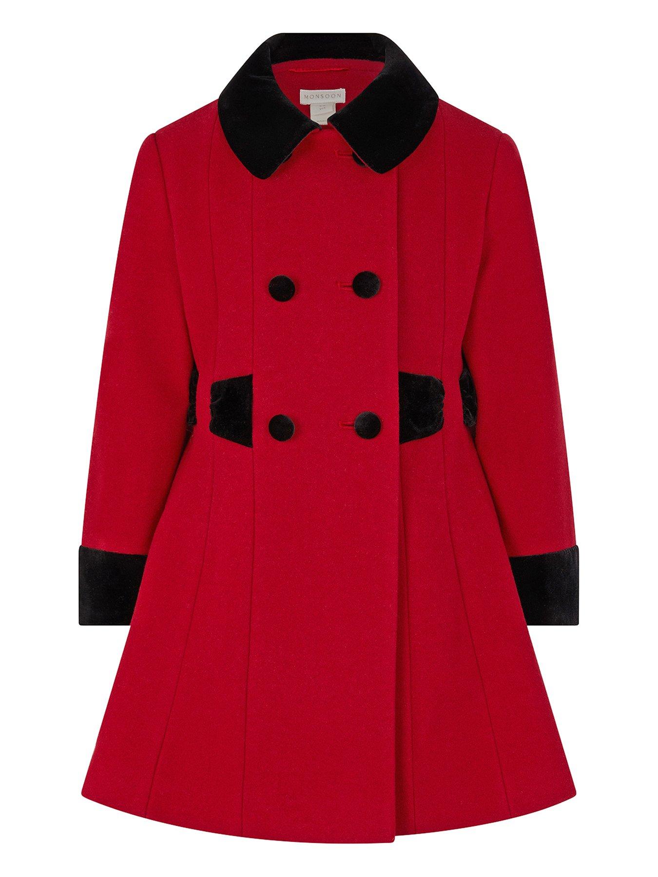 Monsoon Girls Poppy Wool Velvet Coat - Red | Littlewoods
