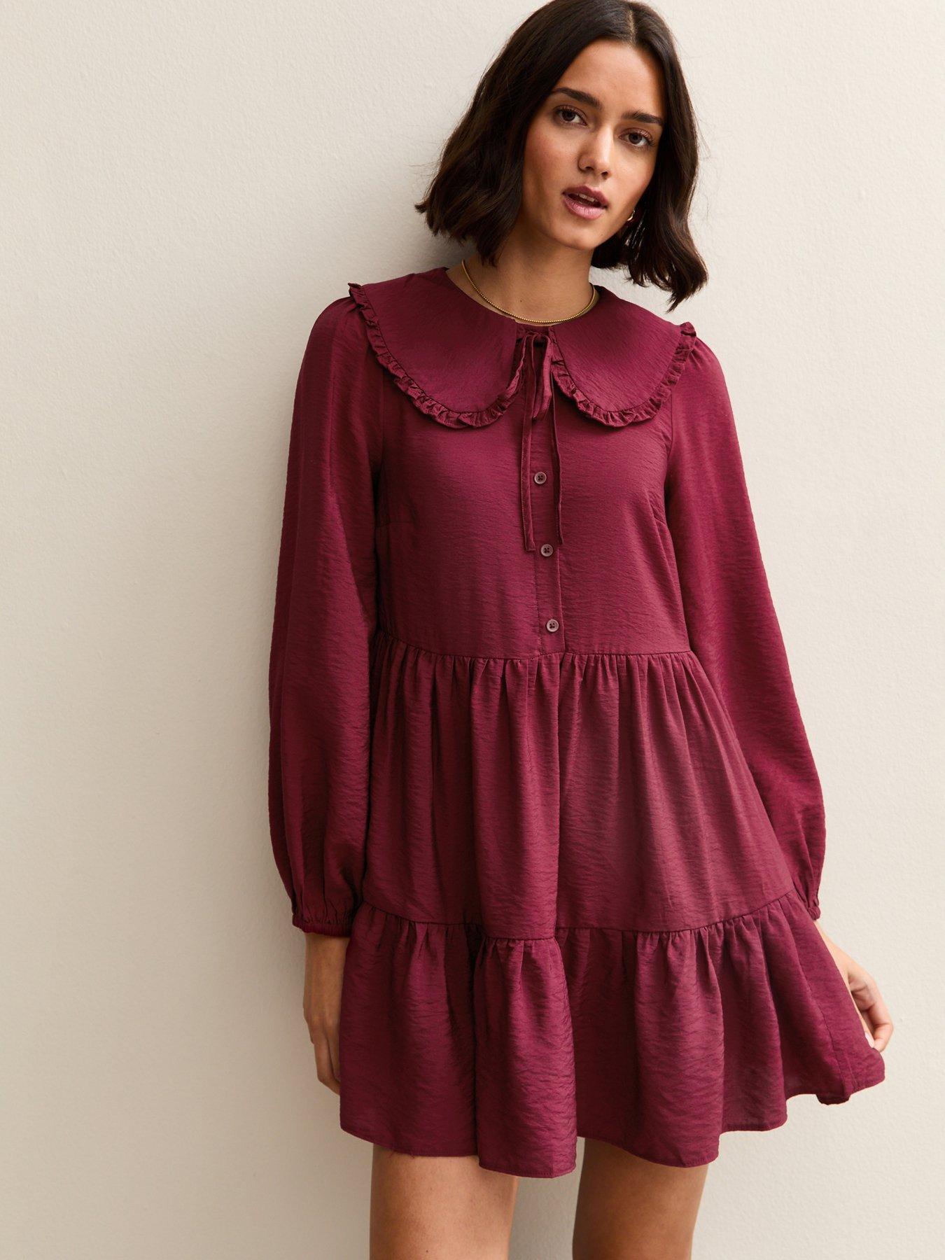 New Look Collared Long Sleeve Mini Dress - Red | Littlewoods