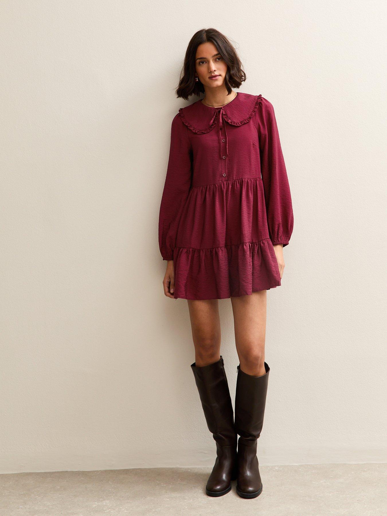 New Look Collared Long Sleeve Mini Dress - Red | Littlewoods