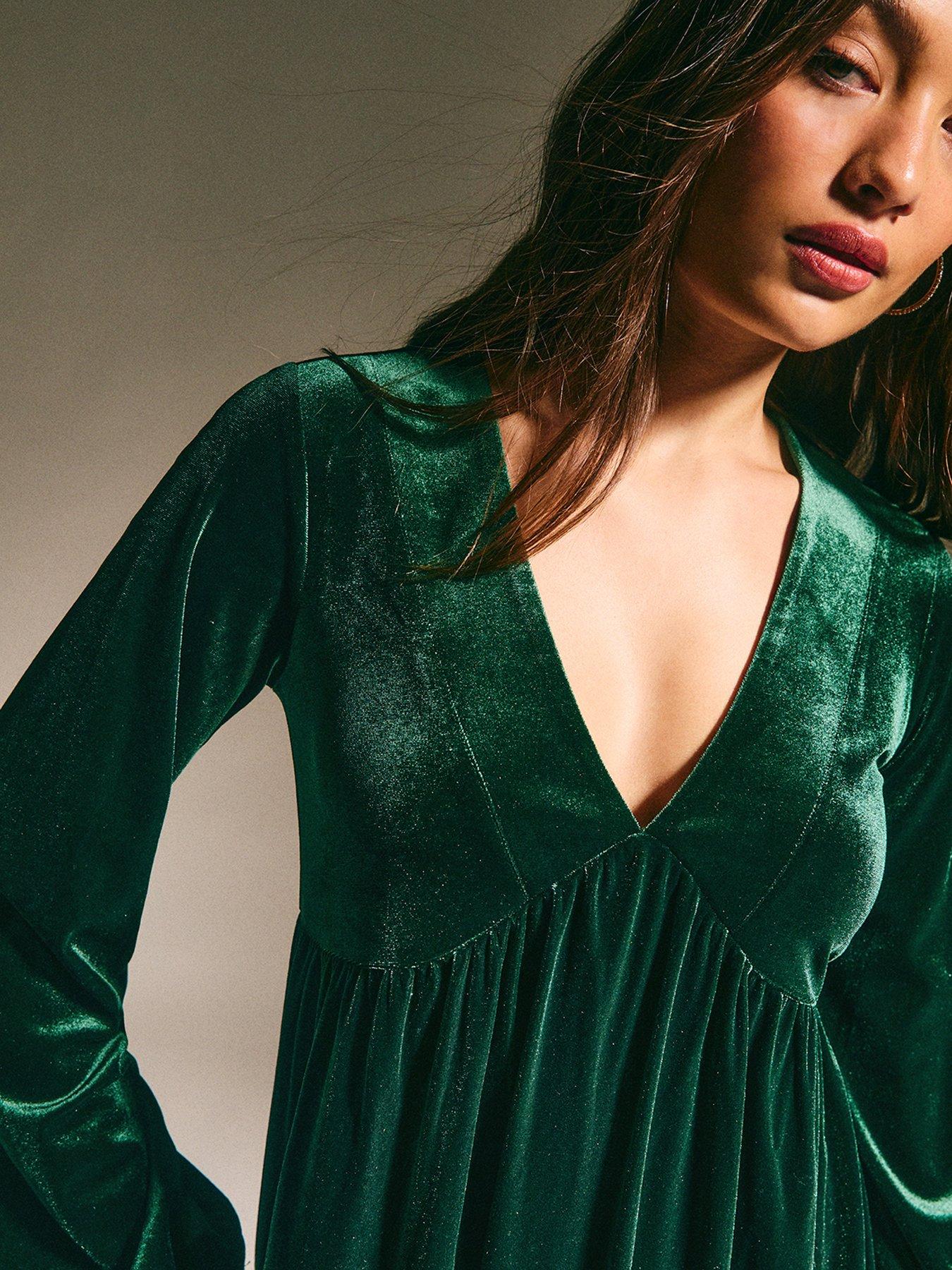 New Look Dark Green Velvet Smock Mini Dress | Littlewoods
