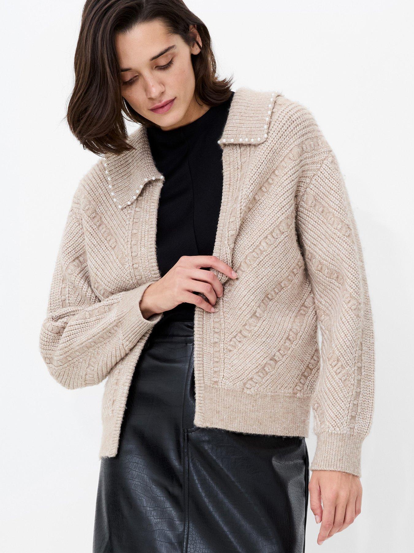 French Connection Textured Knit Open Front Collared Pearl Cardigan ...
