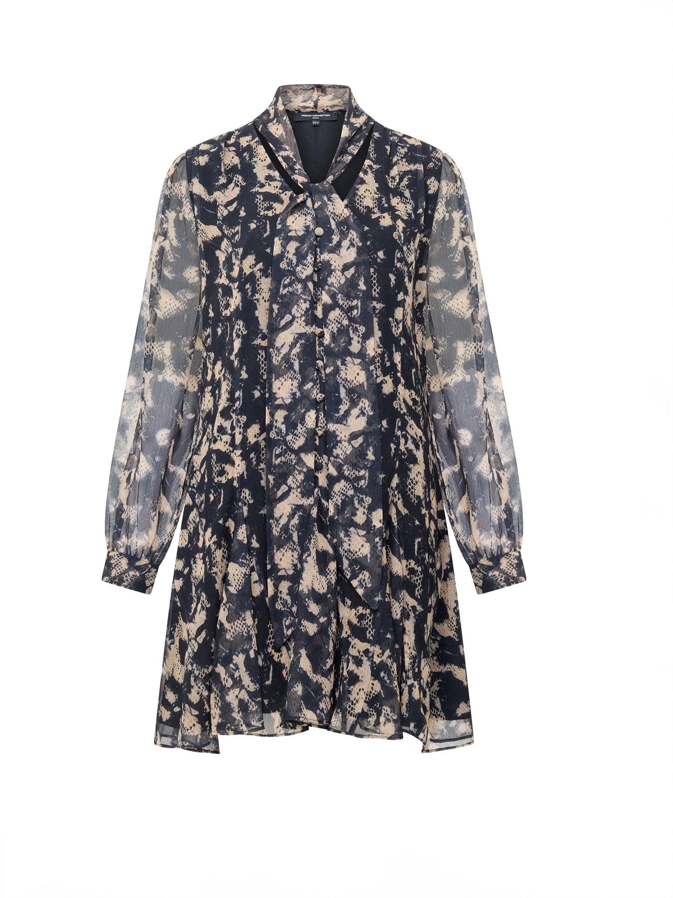 French Connection Crinkle Chiffon Tie Neck Long Sleeve Mini Dress ...