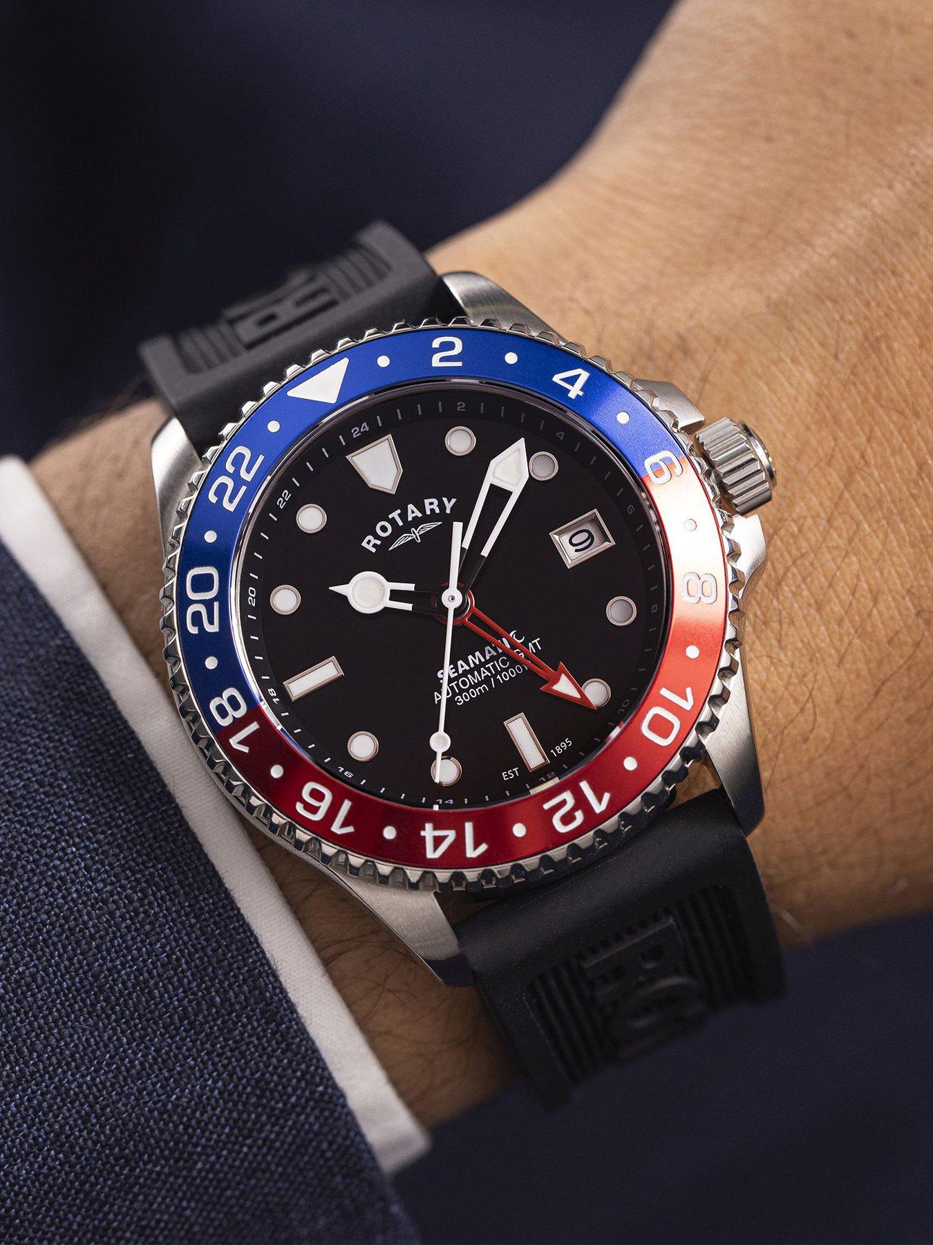 Rotary Men's Seamatic GMT 300M Water Resistance Stainless Steel Black ...