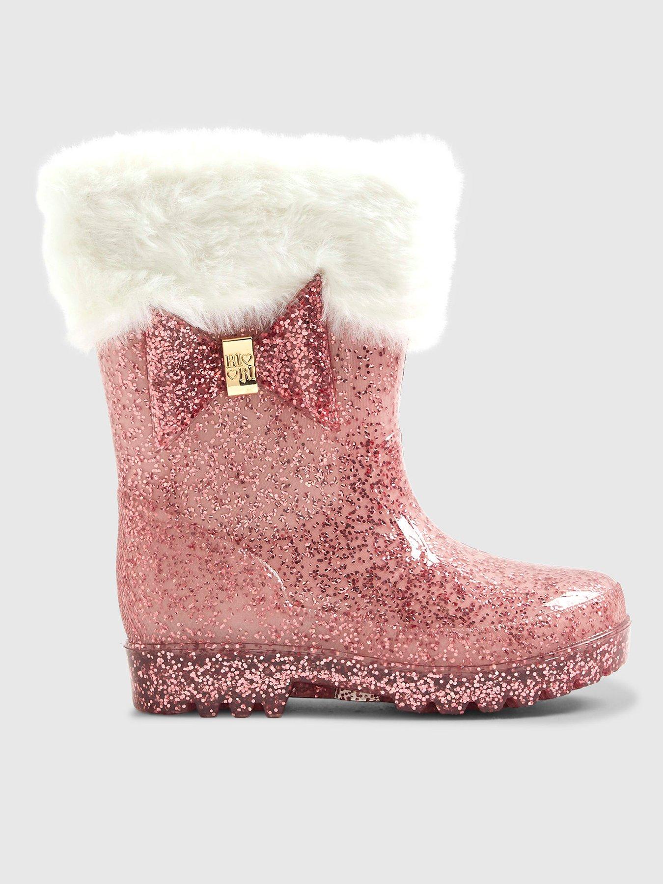 River Island Mini Girls Bow Faux Fur Glitter Wellies - Pink | Littlewoods