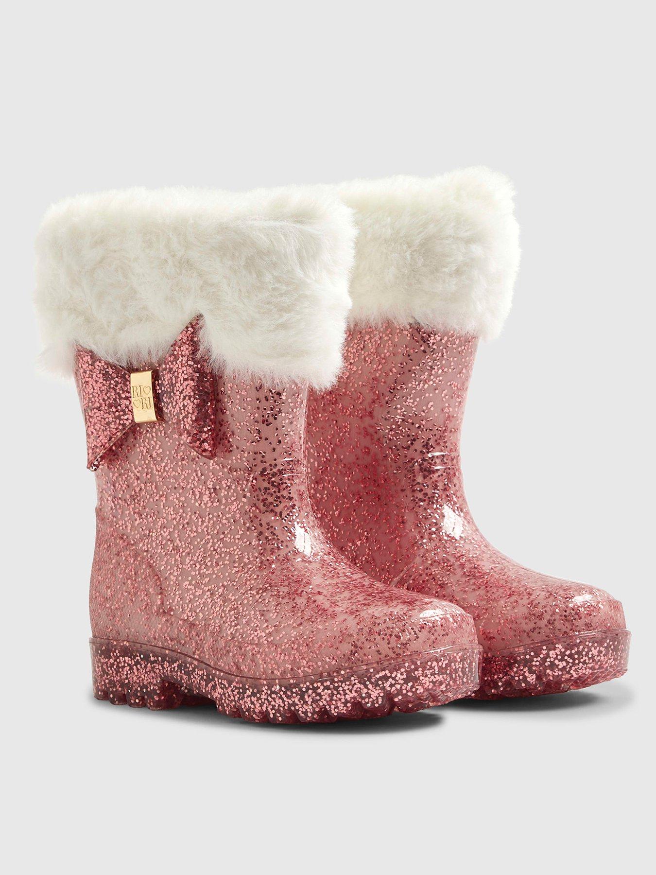 River Island Mini Girls Bow Faux Fur Glitter Wellies - Pink | Littlewoods