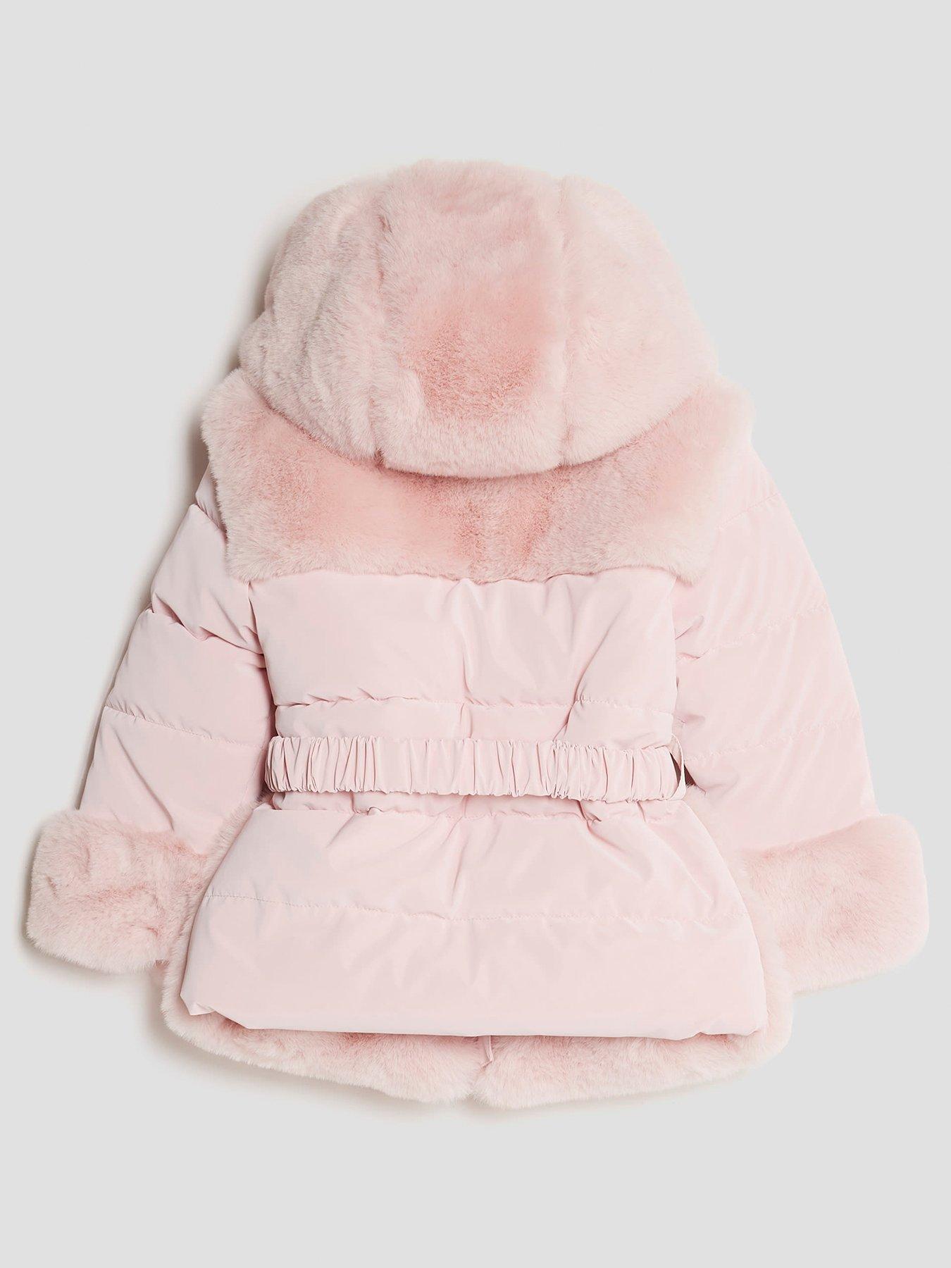 River Island Mini Girls Belted Faux Fur Padded Coat - Pink | Littlewoods