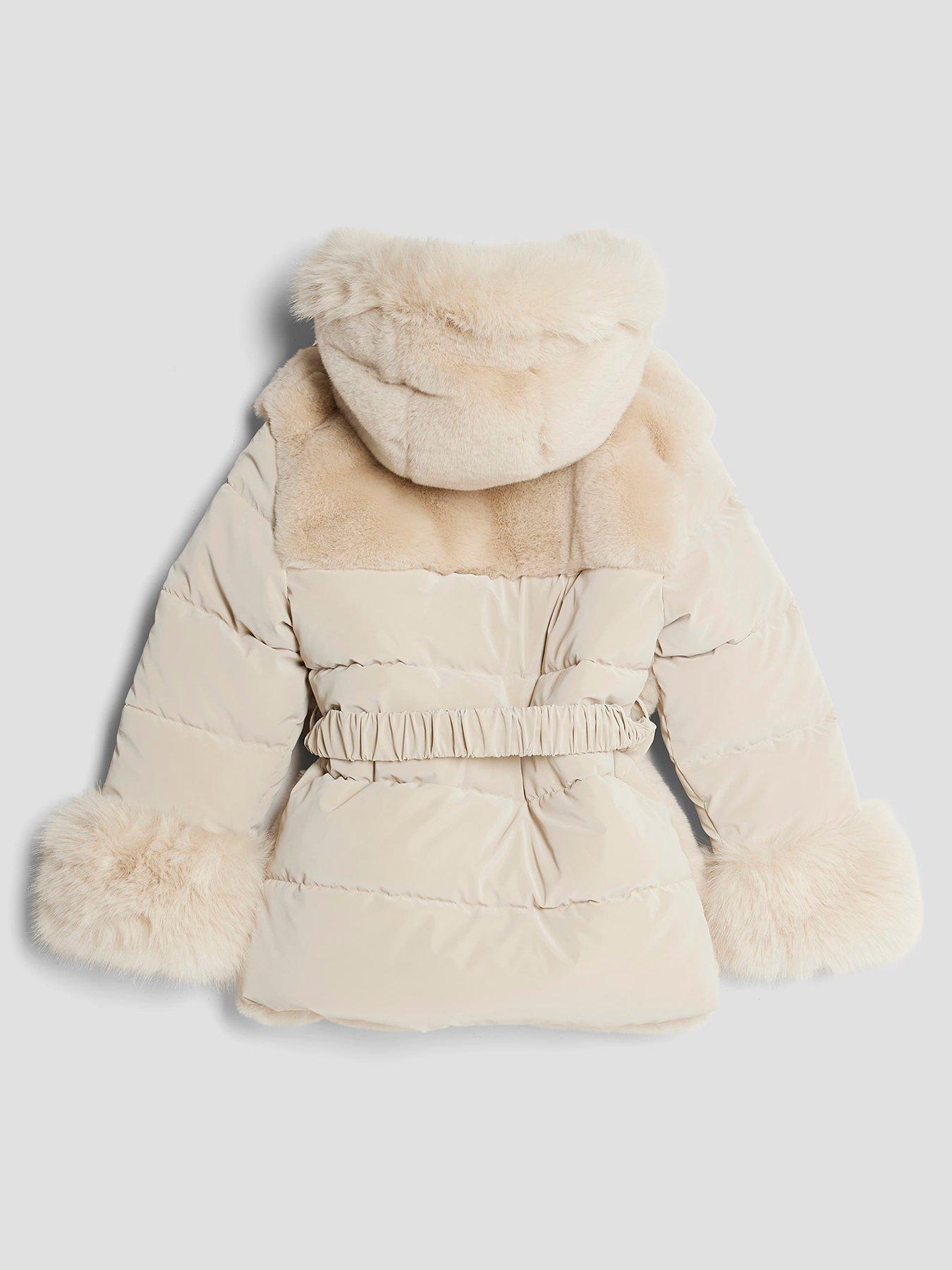 River Island Older Girls Belted Faux Fur Padded Coat - Cream | Littlewoods