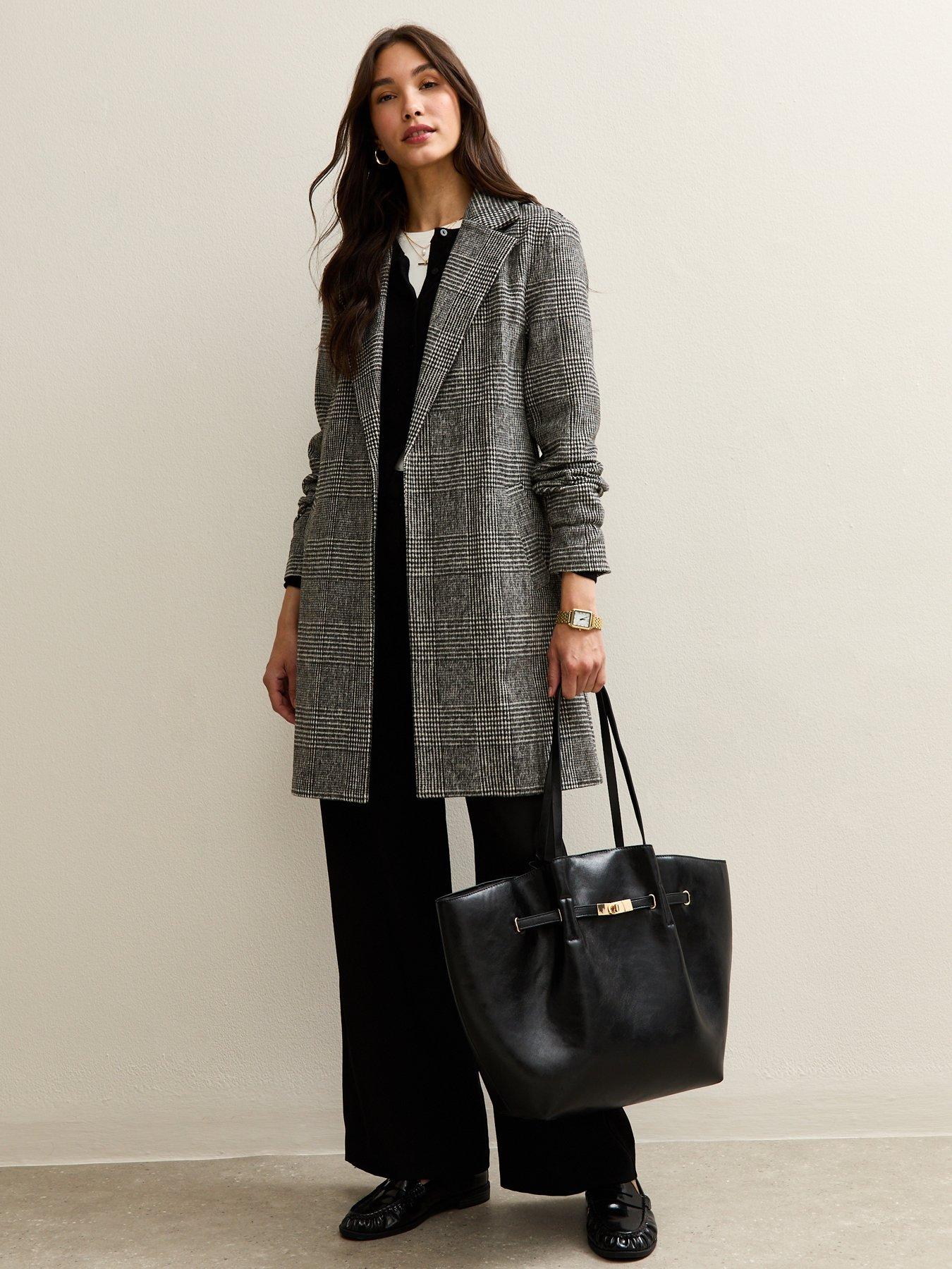 New Look Black Check Collared Coat | Littlewoods