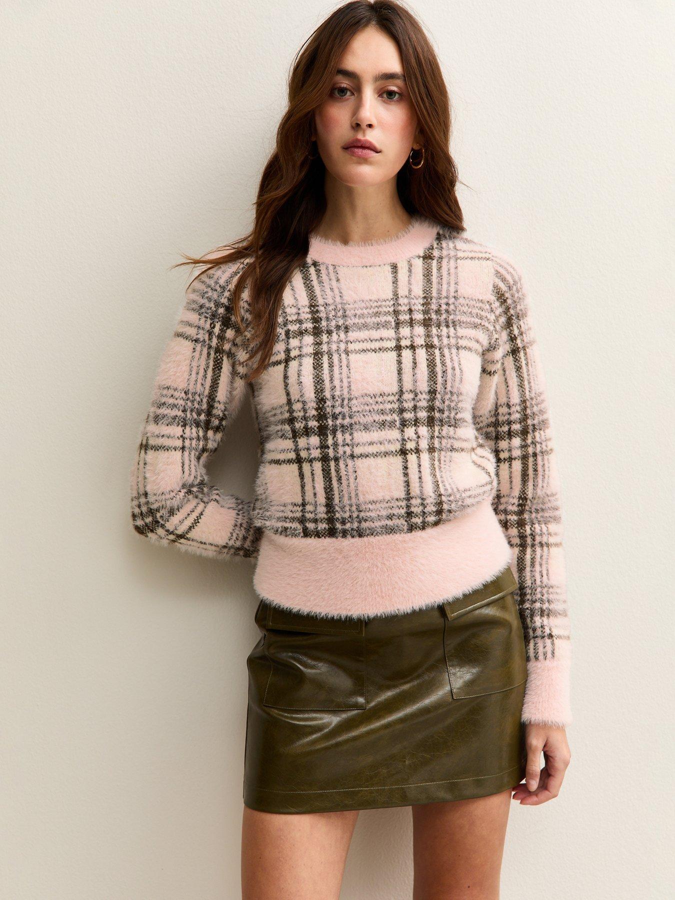 New Look Fluffy Check Jumper - Pink | Littlewoods