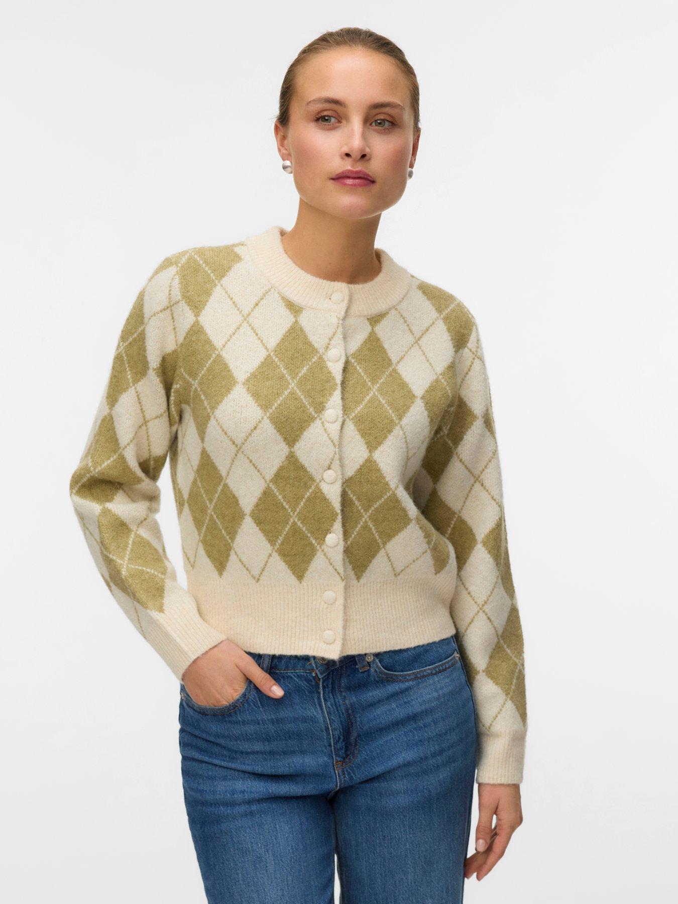 Vero Moda Halo Long Sleeve O-neck Argyle Cardigan - Green | Littlewoods