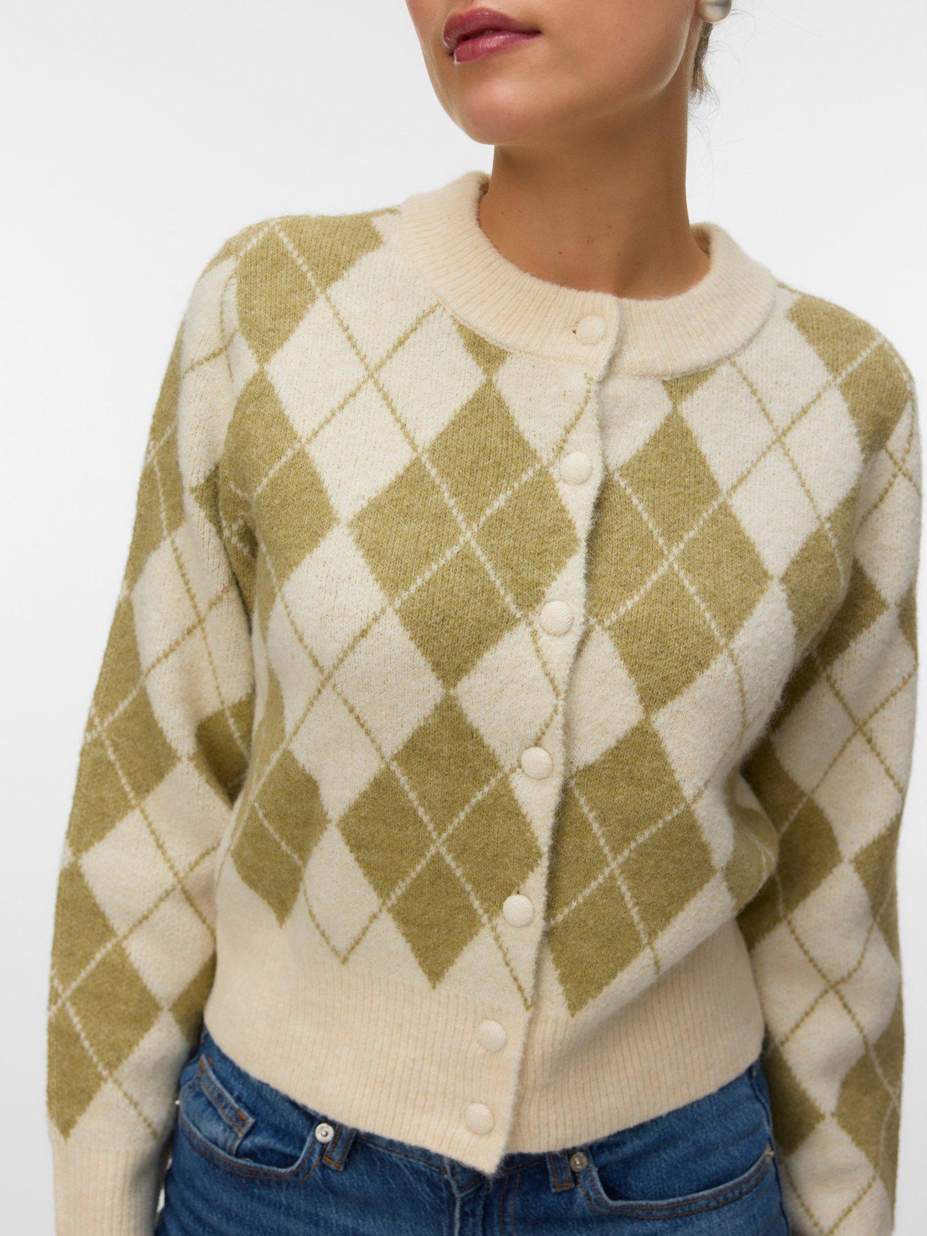 Vero Moda Halo Long Sleeve O-neck Argyle Cardigan - Green | Littlewoods