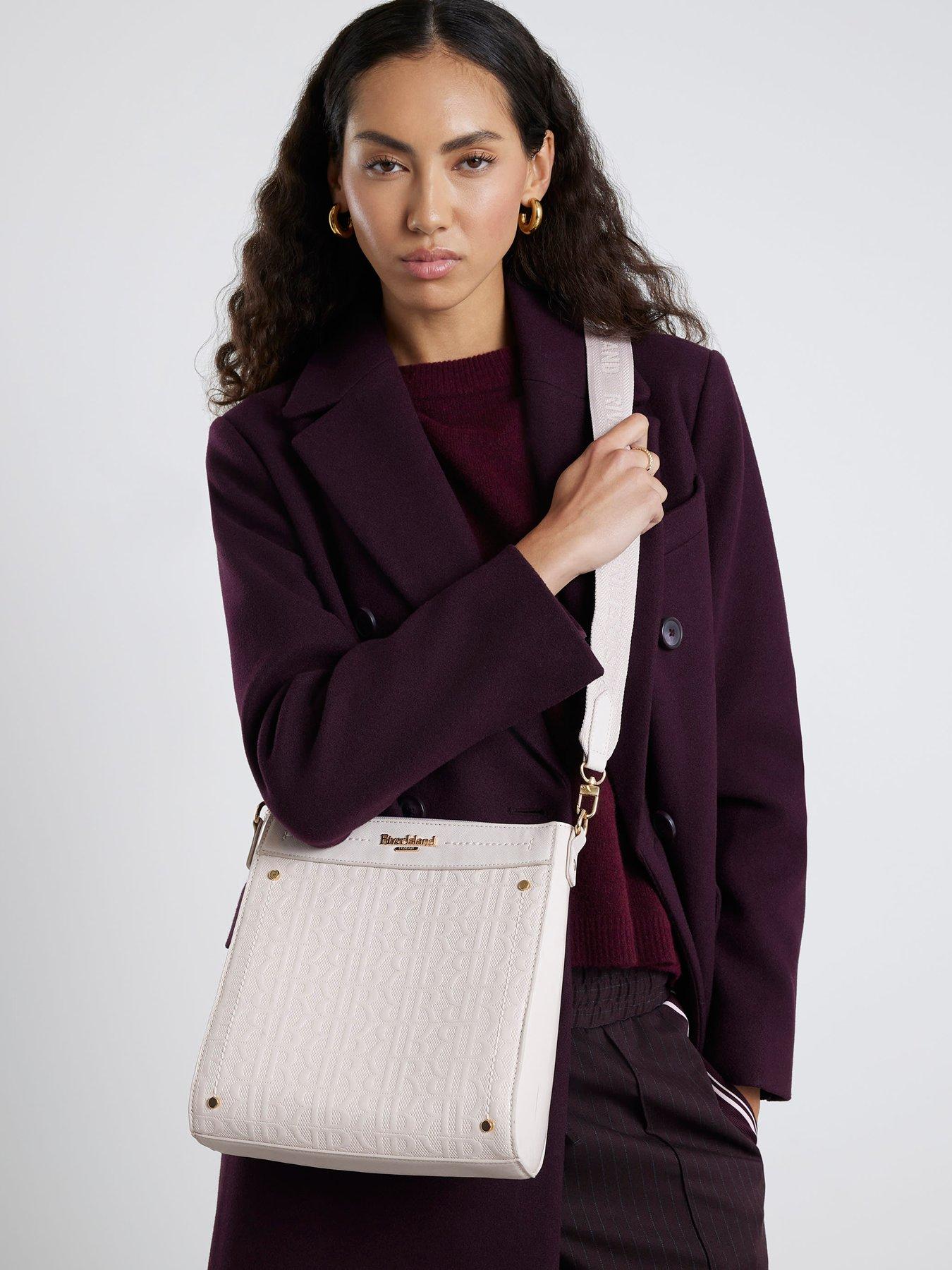 River Island Patent Monogram Messenger - Cream | Littlewoods