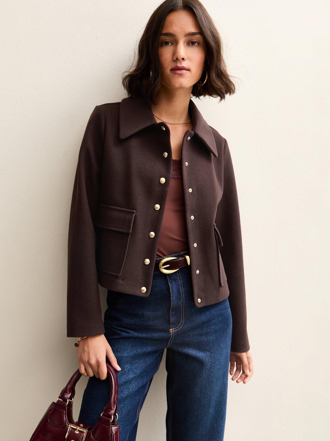 New Look Dark Brown Faux Fur Collar Short Shacket | Littlewoods