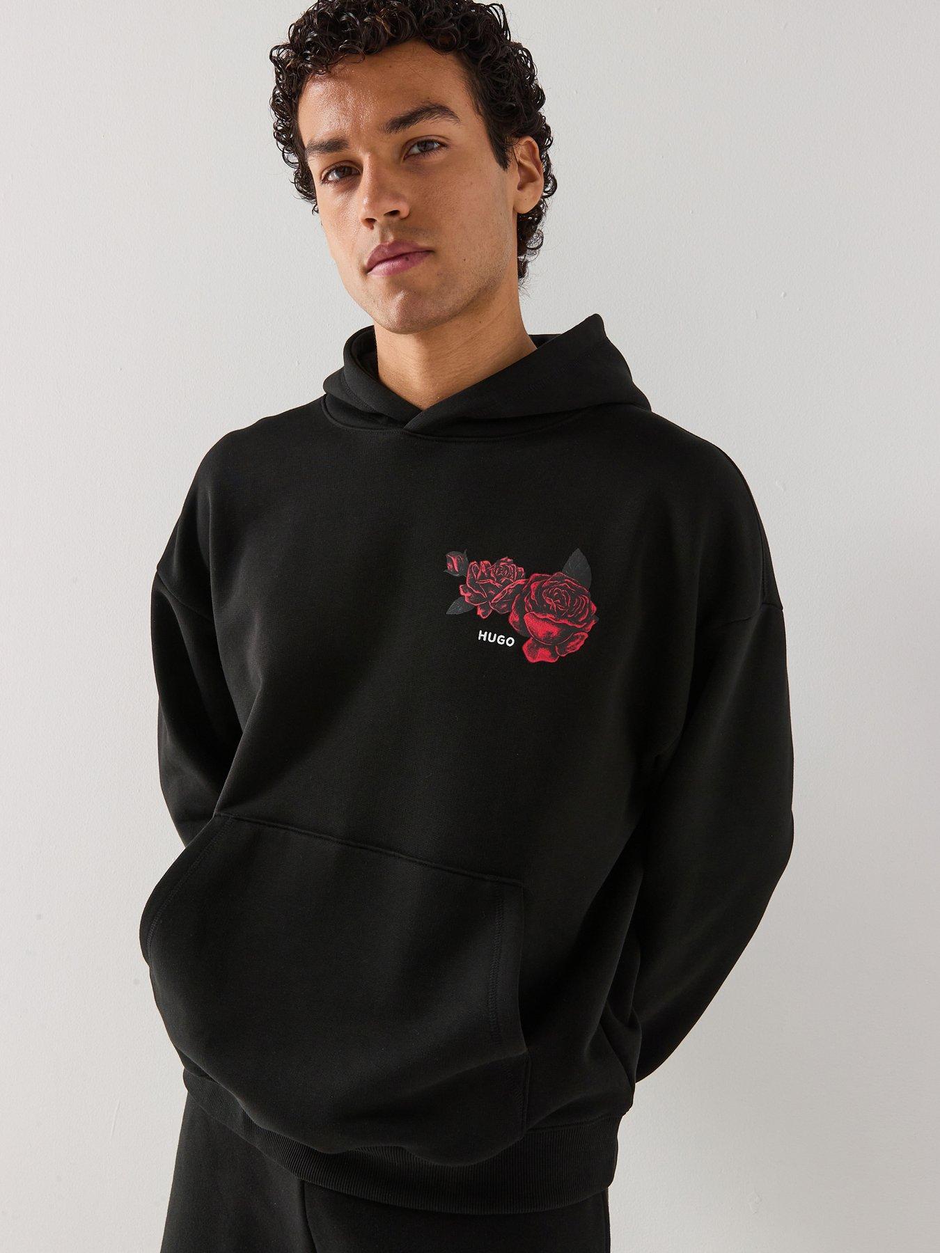 HUGO Dagethood Oversize Fit Rose Logo Overhead Hoodie - Black | Littlewoods