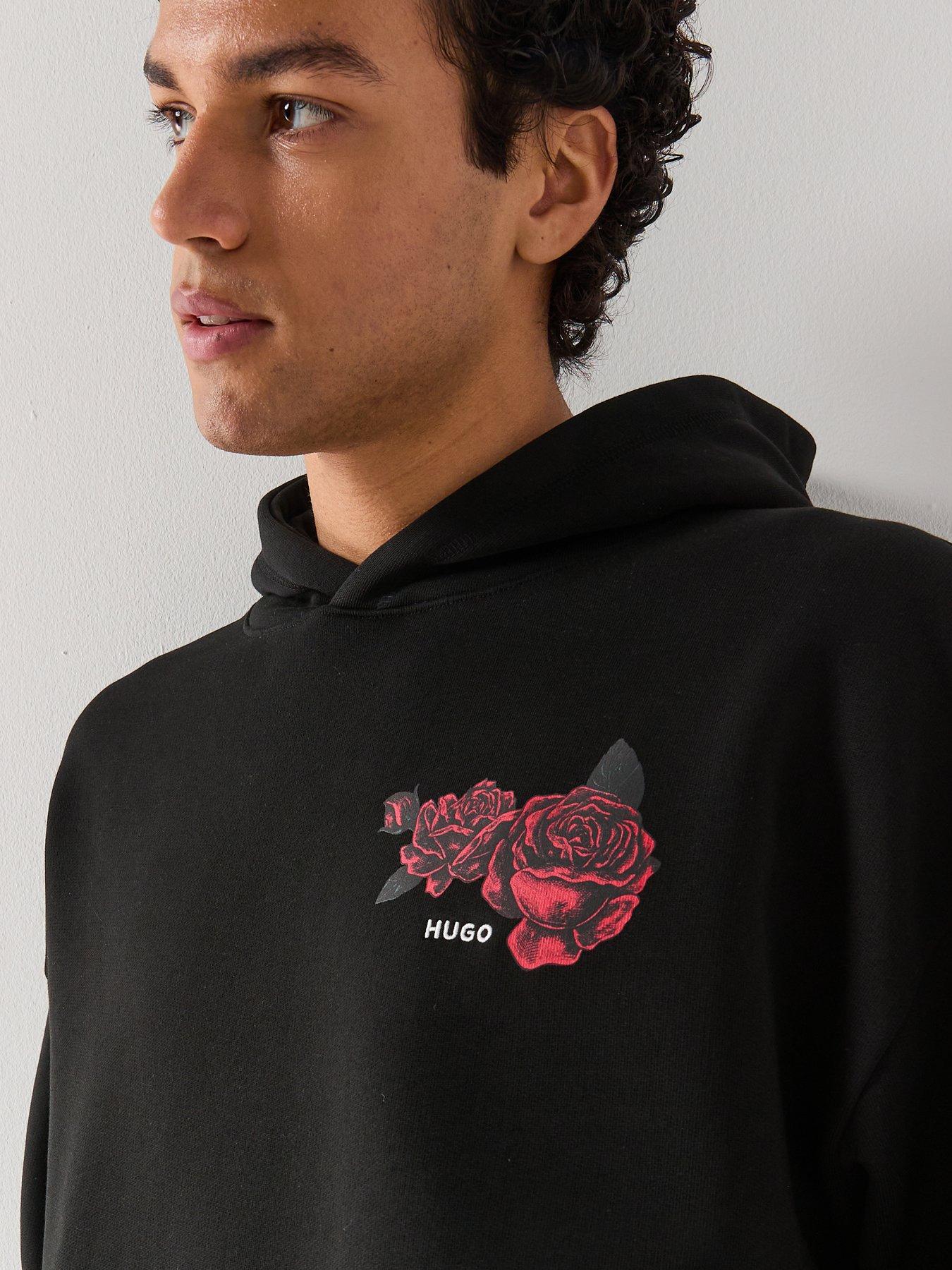 HUGO Dagethood Oversize Fit Rose Logo Overhead Hoodie - Black | Littlewoods