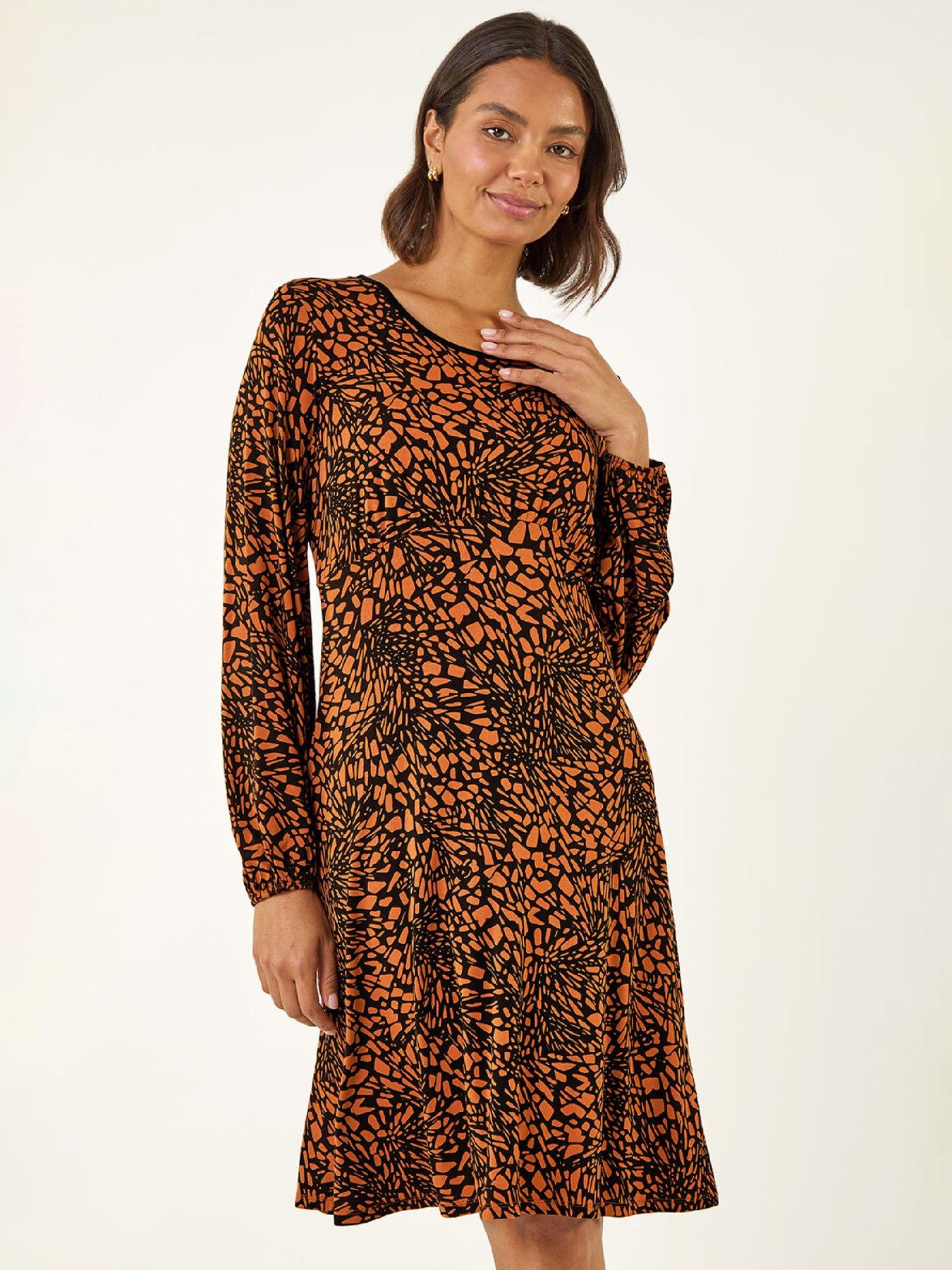 Roman Abstract Print Gathered Stretch Dress - Tan | Littlewoods