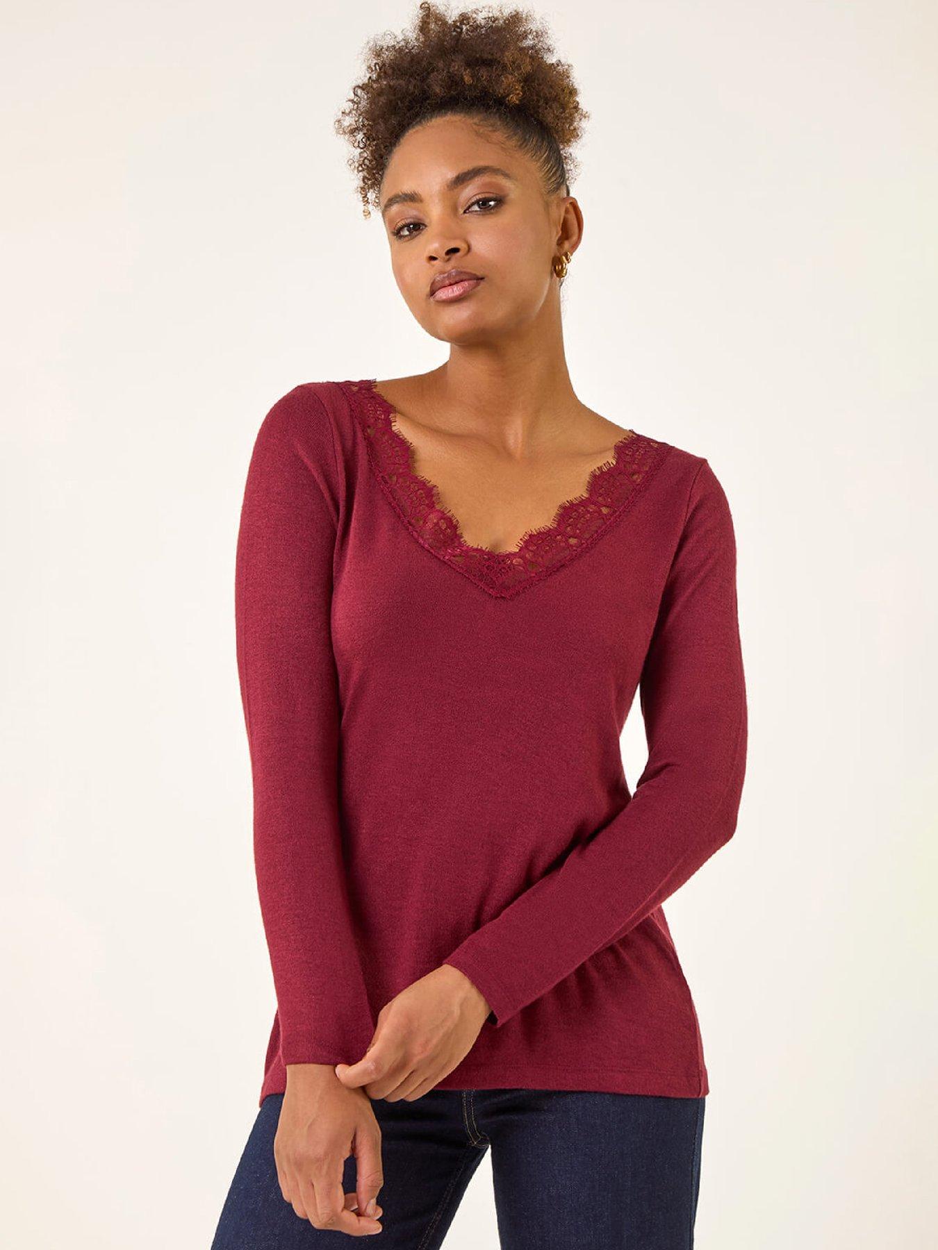 Roman Lace V-neck Stretch Top - Red | Littlewoods