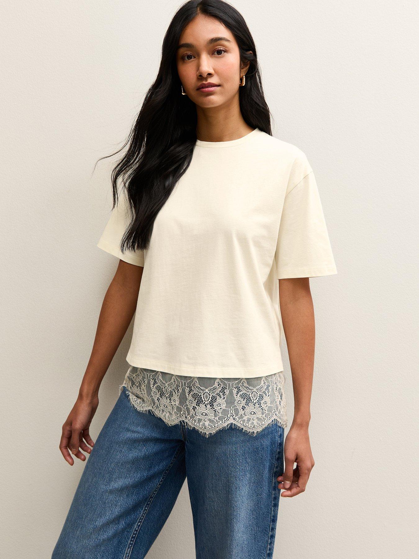 New Look White Lace Hem Boxy Top - Cream | Littlewoods
