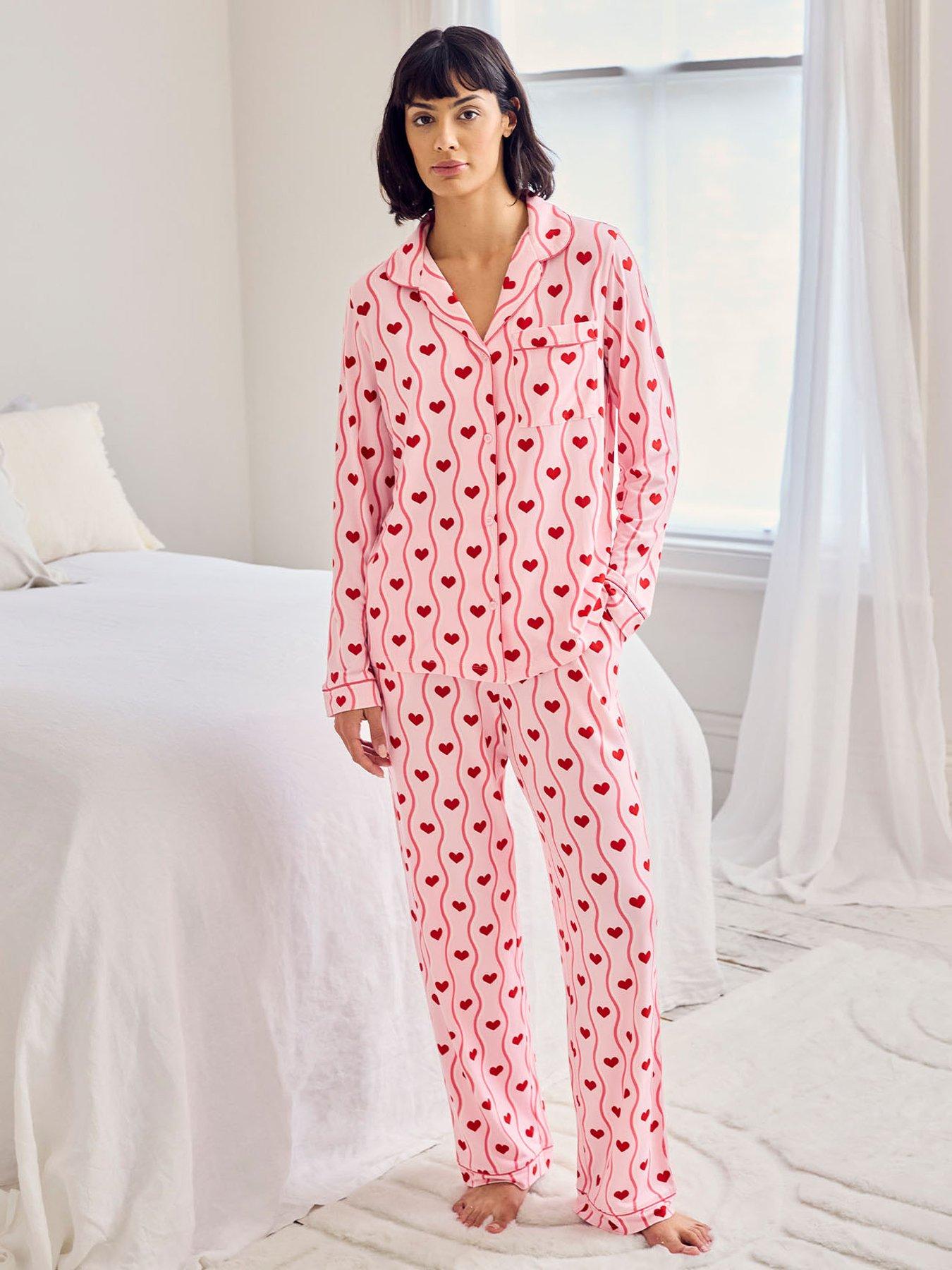 CHELSEA PEERS Wavy Stripe Heart Print Long Pyjama Set - Pink | Littlewoods
