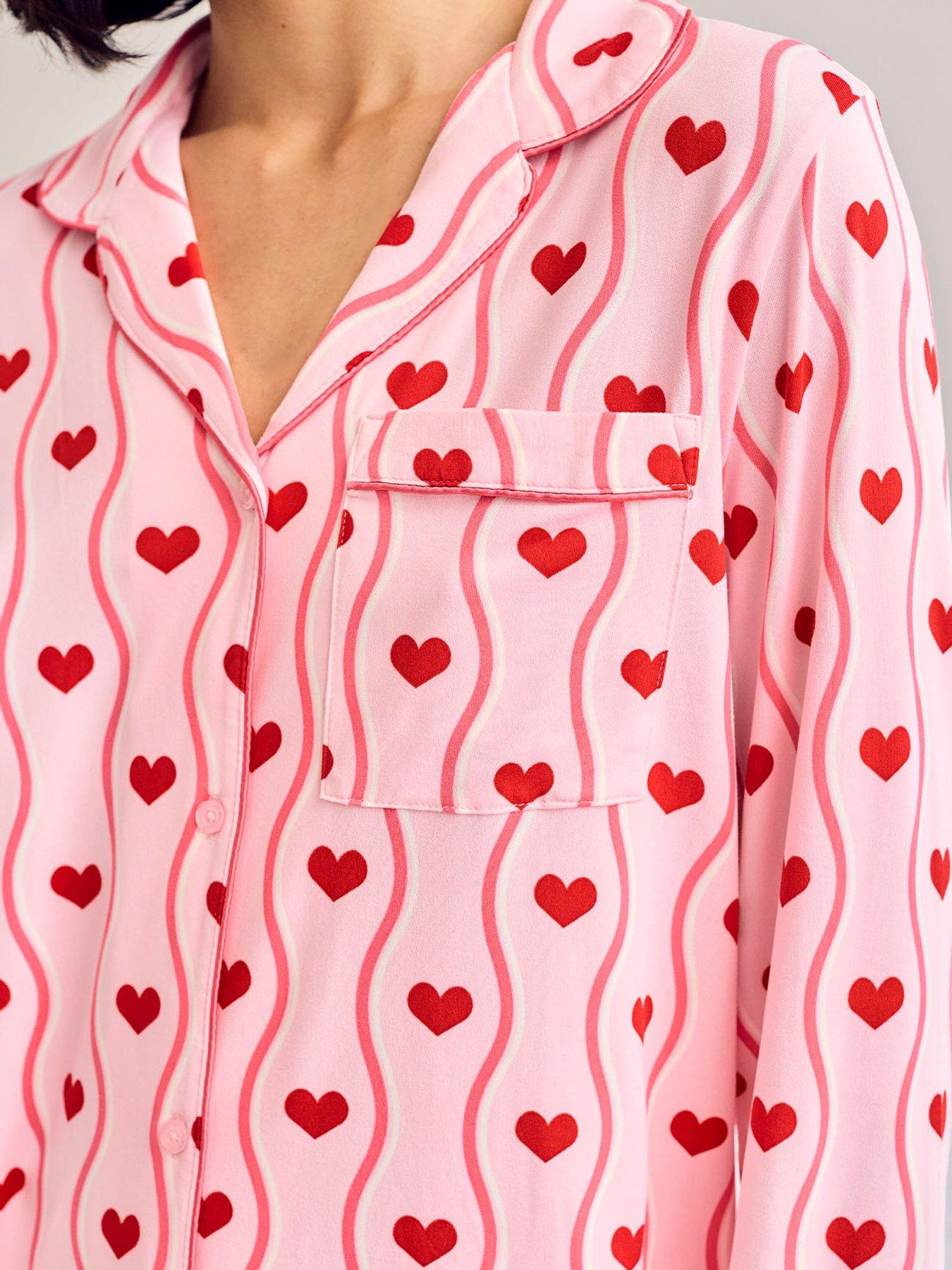 CHELSEA PEERS Wavy Stripe Heart Print Long Pyjama Set - Pink | Littlewoods