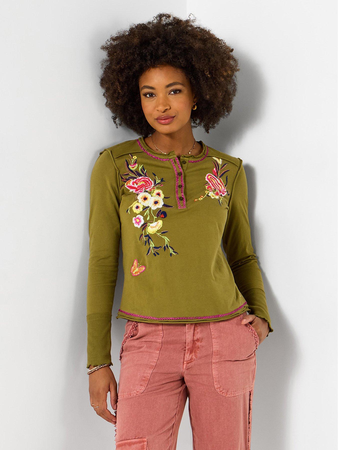 Joe Browns Gabriela Embroidered Henley Top - Green | Littlewoods