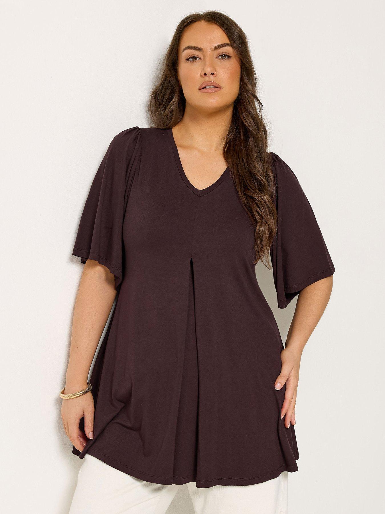 Yours Curve Pleat Front Angel Sleeve Top - Brown | Littlewoods