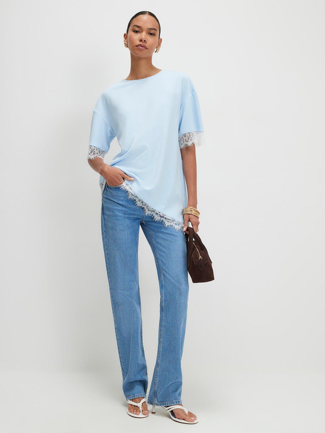 River Island Lace Trim Asymmetric T-Shirt - Blue | Littlewoods