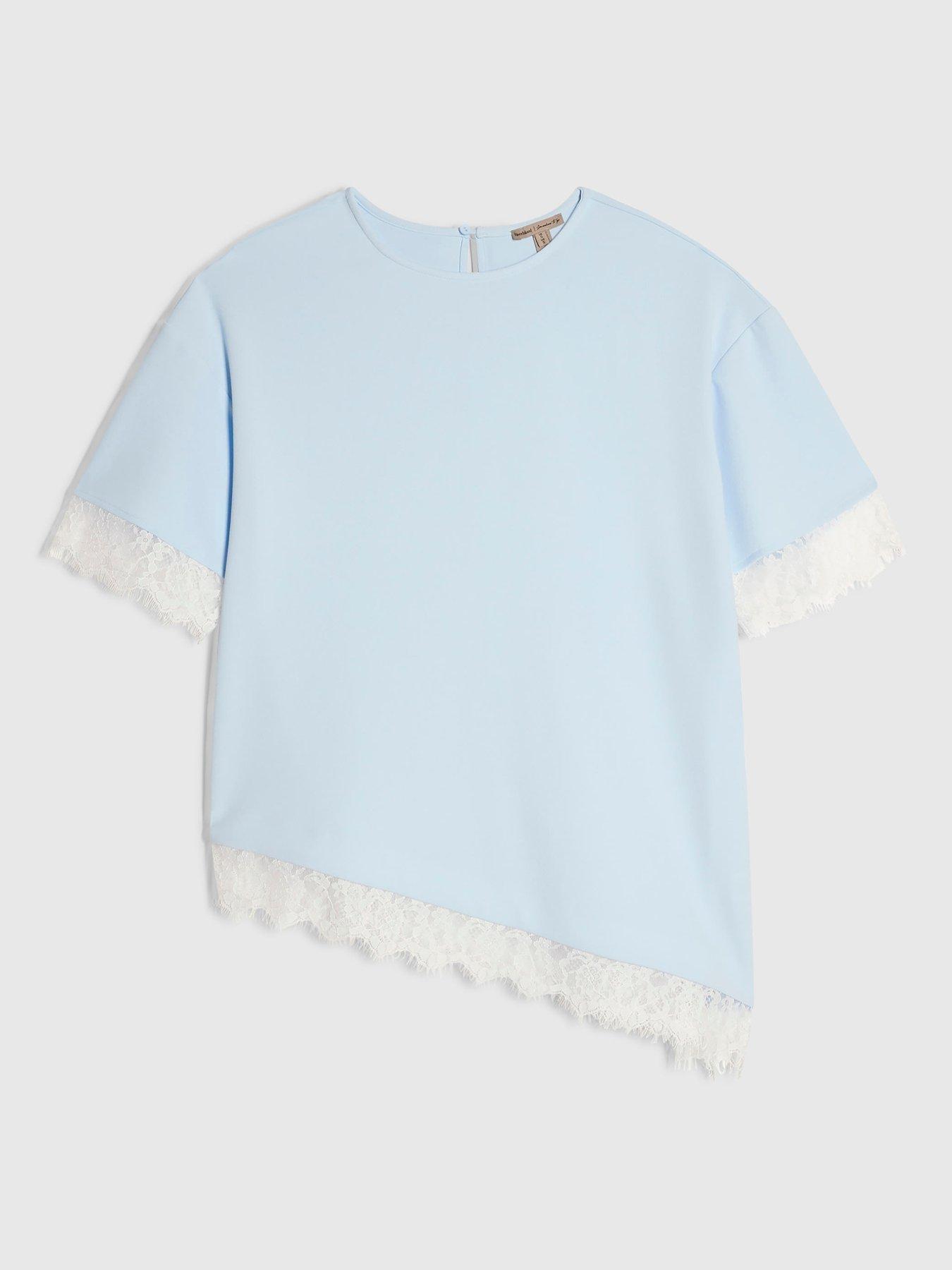 River Island Lace Trim Asymmetric T-Shirt - Blue | Littlewoods
