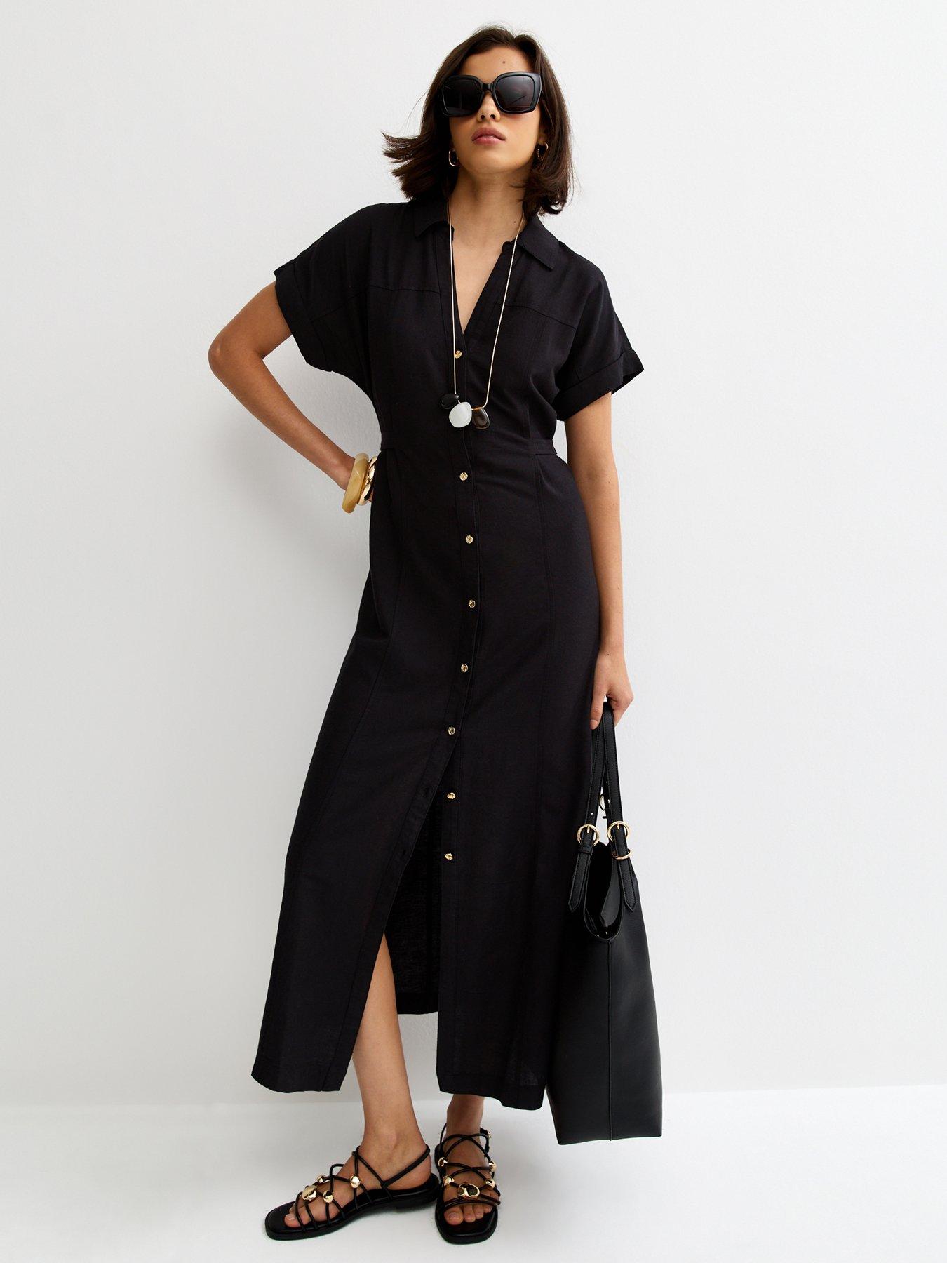 New Look Linen Blend Shirt Midi Dress - Black | Littlewoods