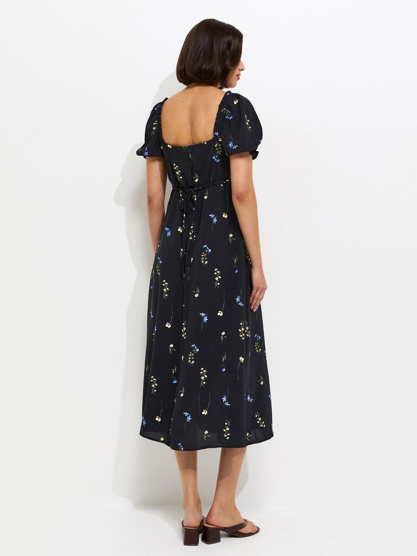 New Look Floral Print Milkmaid Midi Dress - Black | Littlewoods