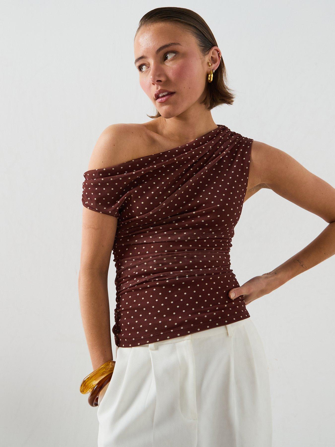 Mango Asymmetric Polka Dot Top - Brown | Littlewoods